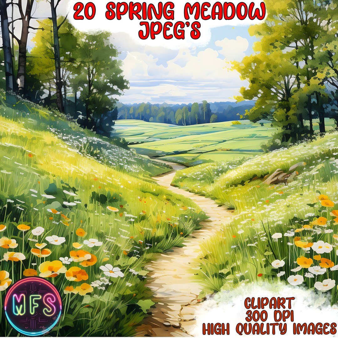 Watercolor Spring Meadow Landscape Clipart, 20 High Quality Jpgs ...