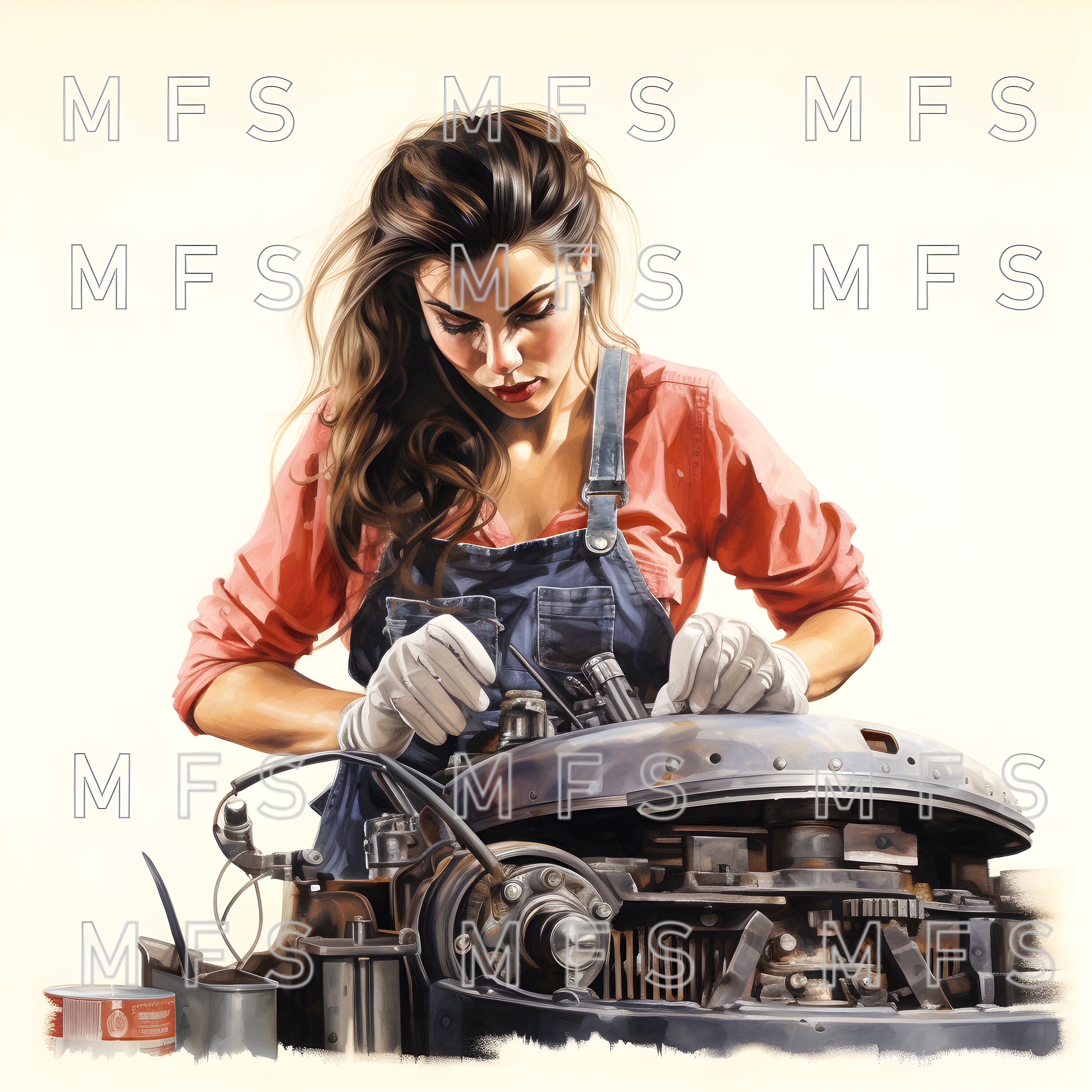 Watercolor Vintage Mechanic Girl Clipart , 20 High Quality Jpgs ...