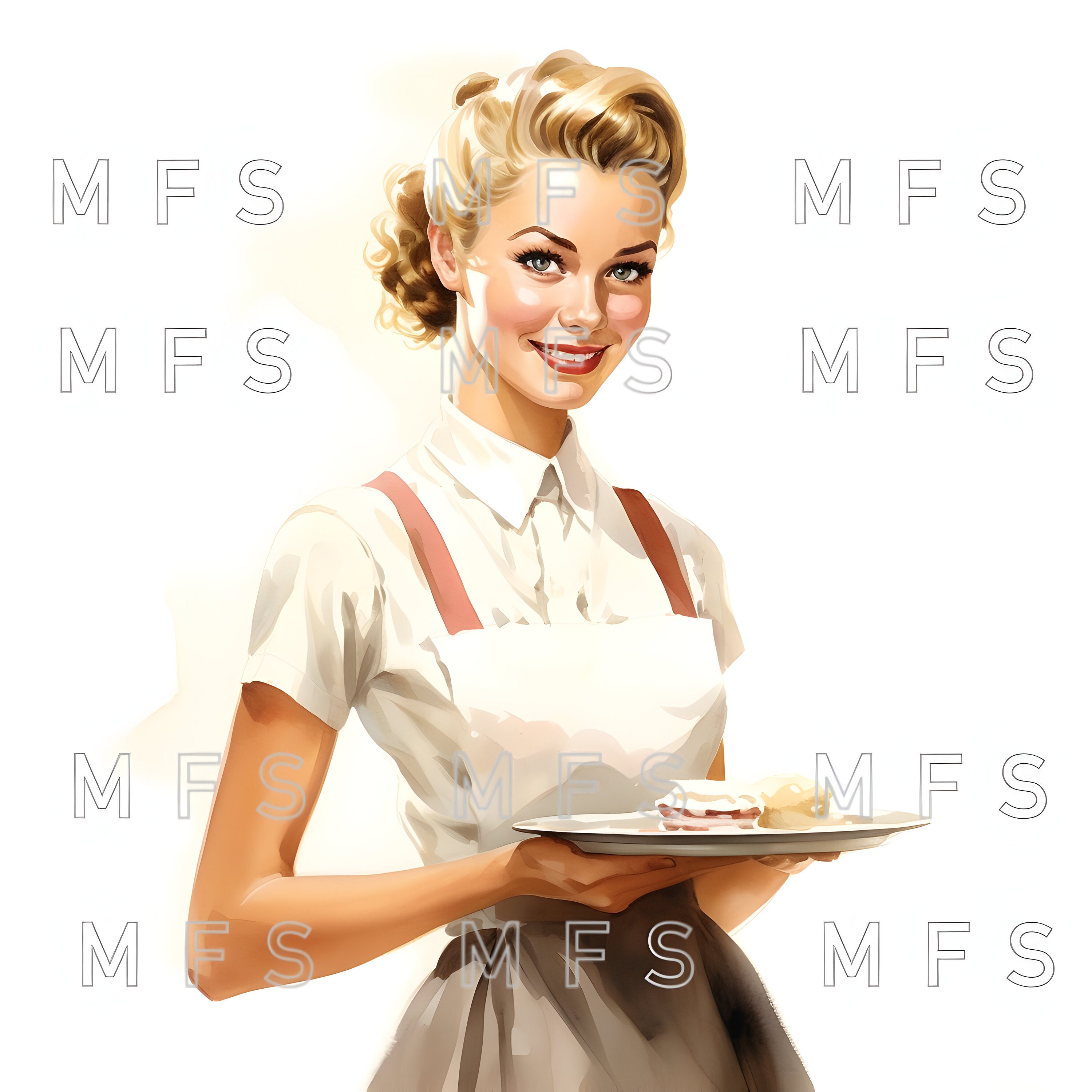 Watercolor Vintage Waiter Girl Clipart , 20 High Quality Jpgs, Instant ...