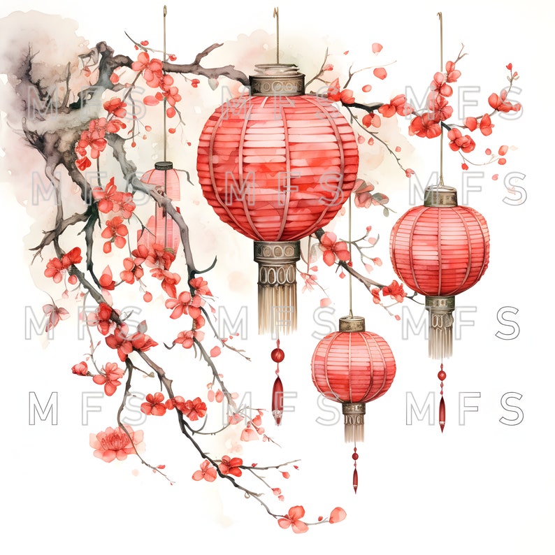 Watercolor Chinese Lantern Clipart, 20 High Quality JPG, Instant ...