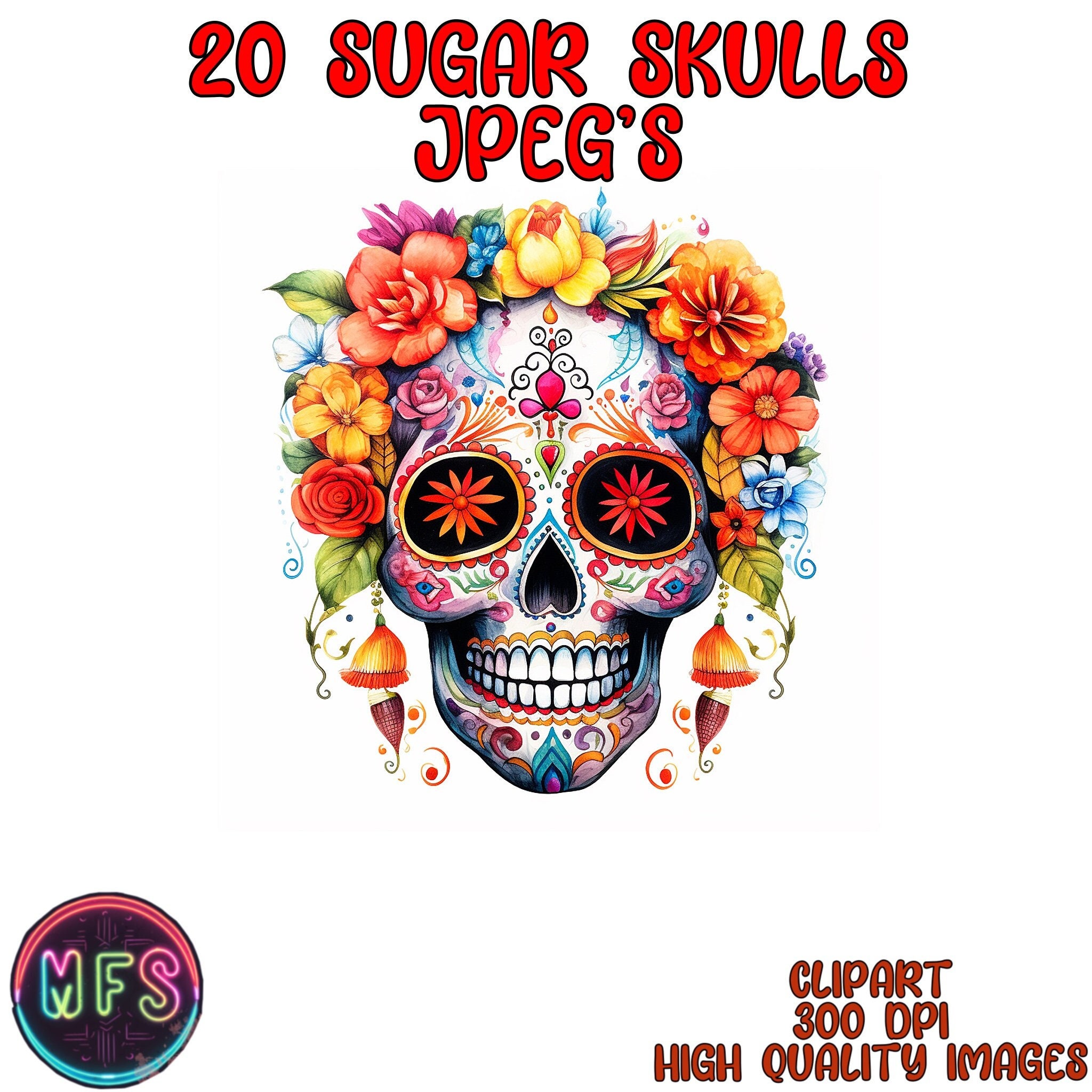 Watercolor Sugar Skull Clipart, 20 High Quality Jpgs, Instant Digital ...