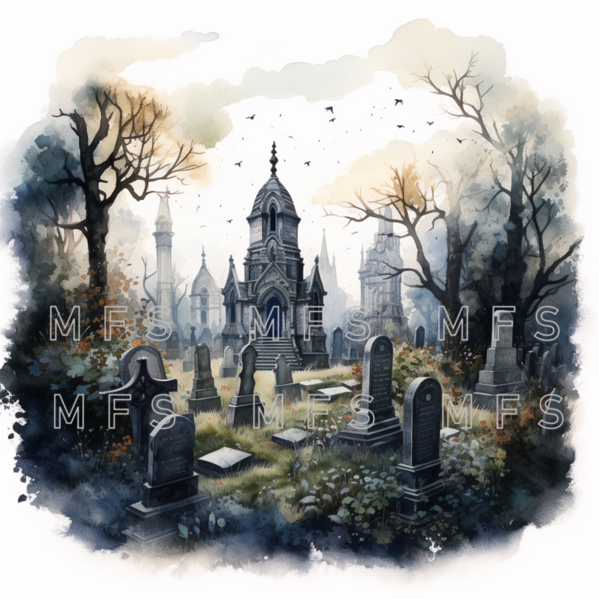 Watercolor Graveyard Clipart, 20 High Quality Jpgs, Instant Digital ...