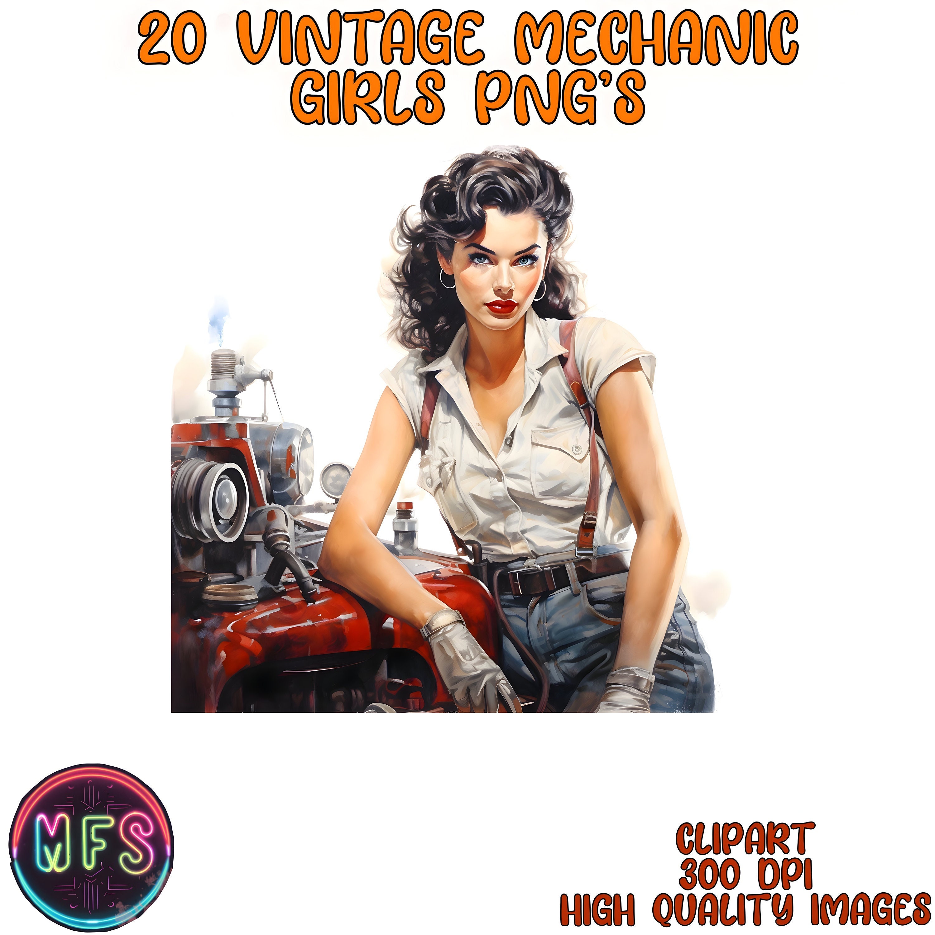 Watercolor Vintage Mechanic Girl Clipart , 20 High Quality Jpgs ...