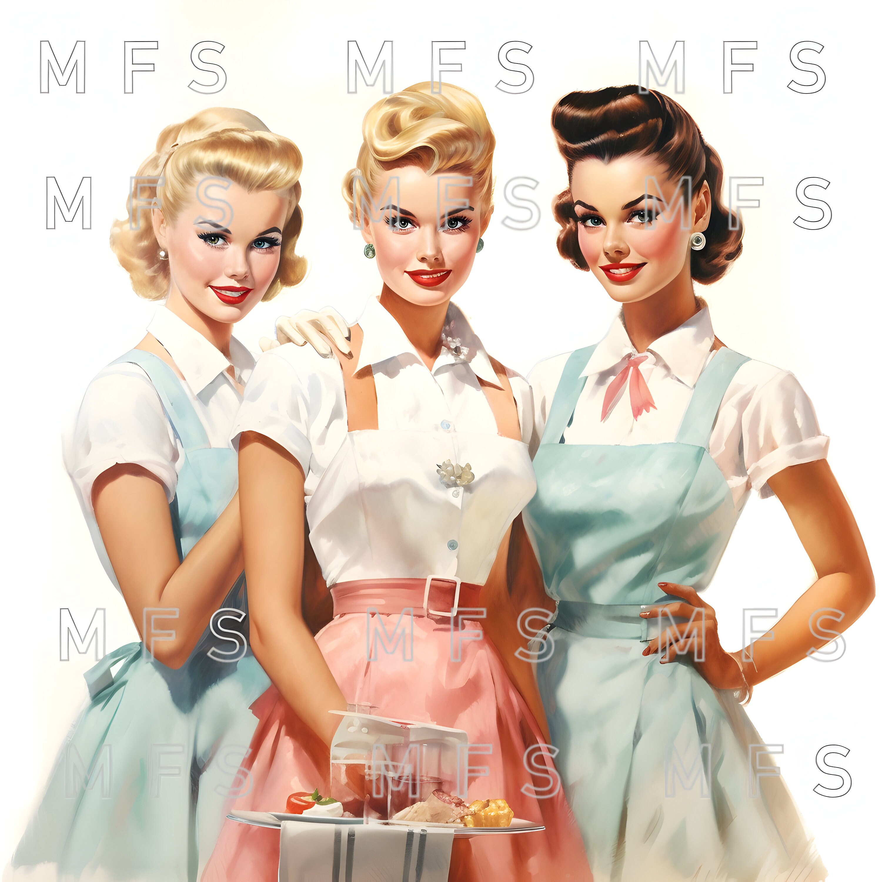 Watercolor Vintage Waiter Girl Clipart , 20 High Quality Jpgs, Instant ...