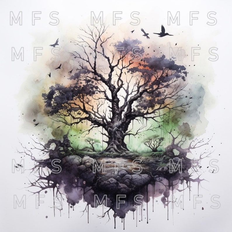 Watercolor Gothic Tree Clipart, 20 High Quality Jpgs, Instant Digital ...