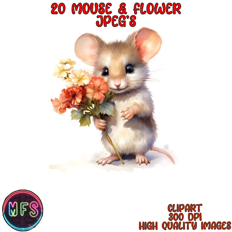 Watercolor Mouse and Flower Clipart 20 High Quality Jpgs - Etsy