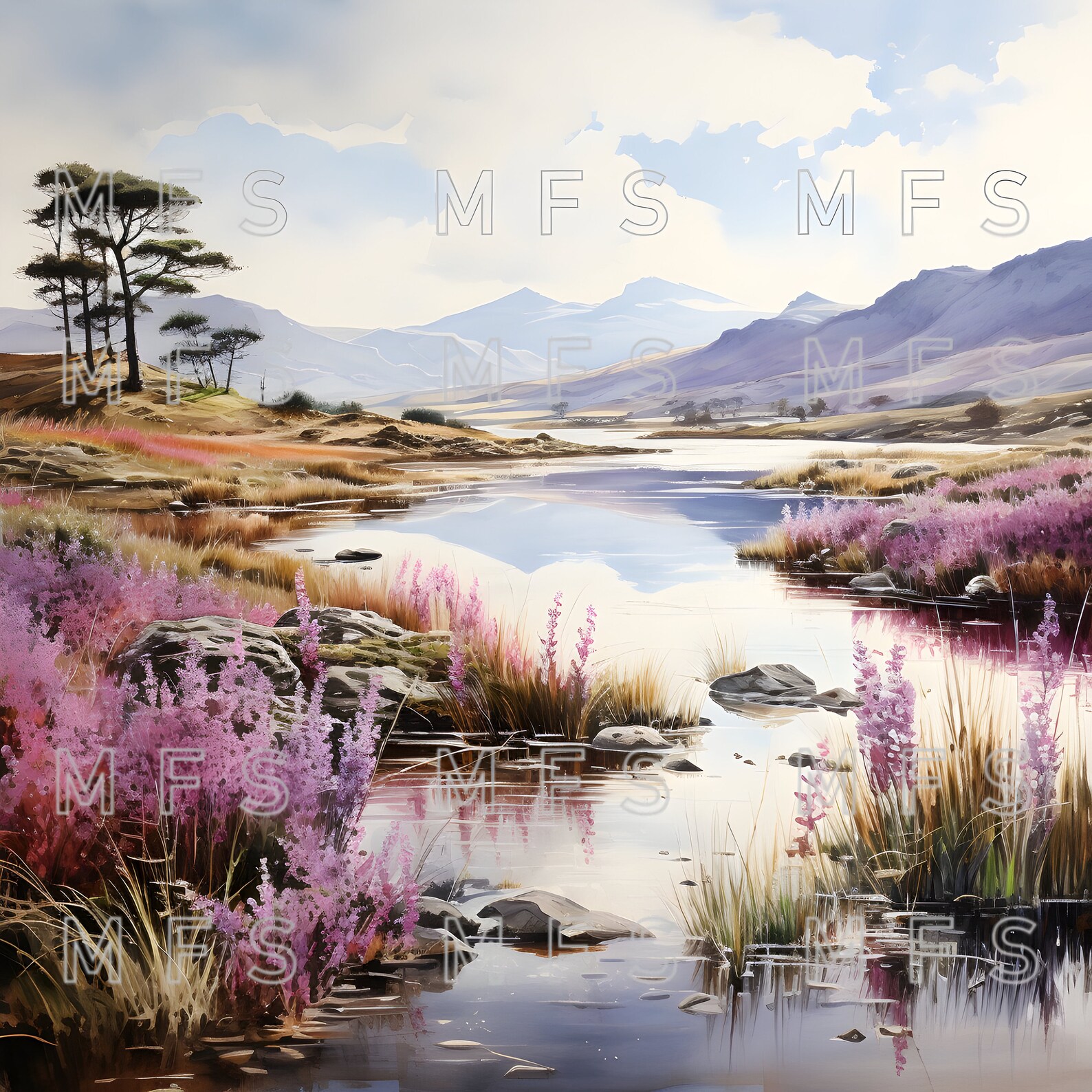 Watercolor Heather Lined Lochs Landscape Clipart, 20 High Quality Jpgs ...