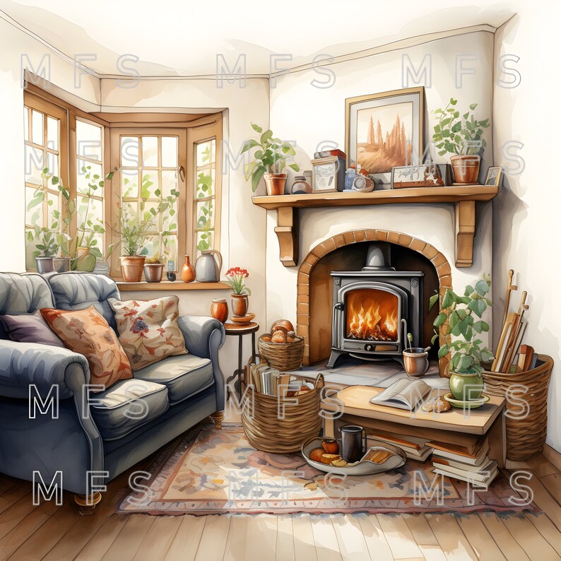 Watercolor Cozy Living Room Clipart, 20 High Quality Jpgs, Instant ...