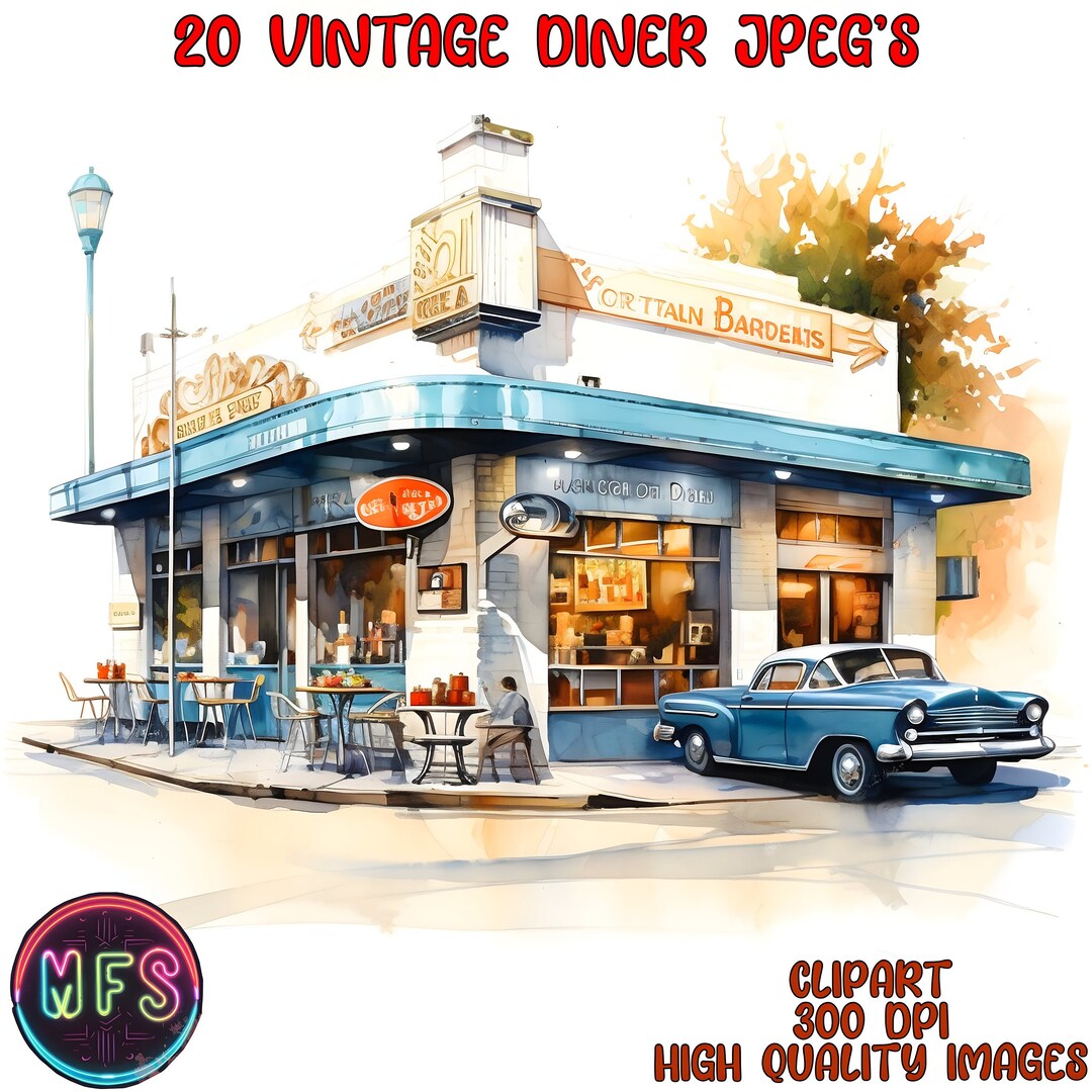 Watercolor Vintage Diner Clipart, 20 High Quality Jpgs, Instant Digital ...