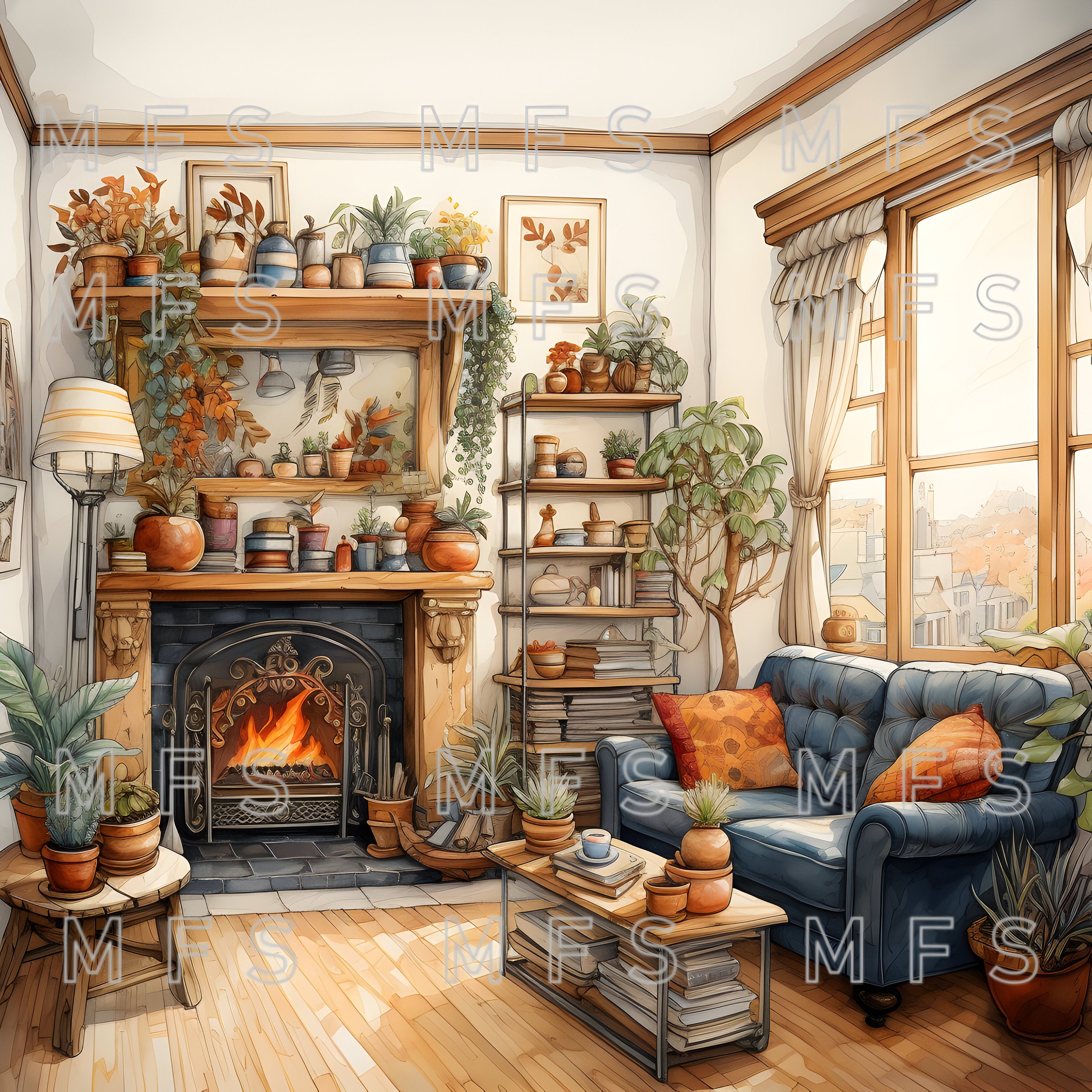 Watercolor Cozy Living Room Clipart, 20 High Quality Jpgs, Instant ...