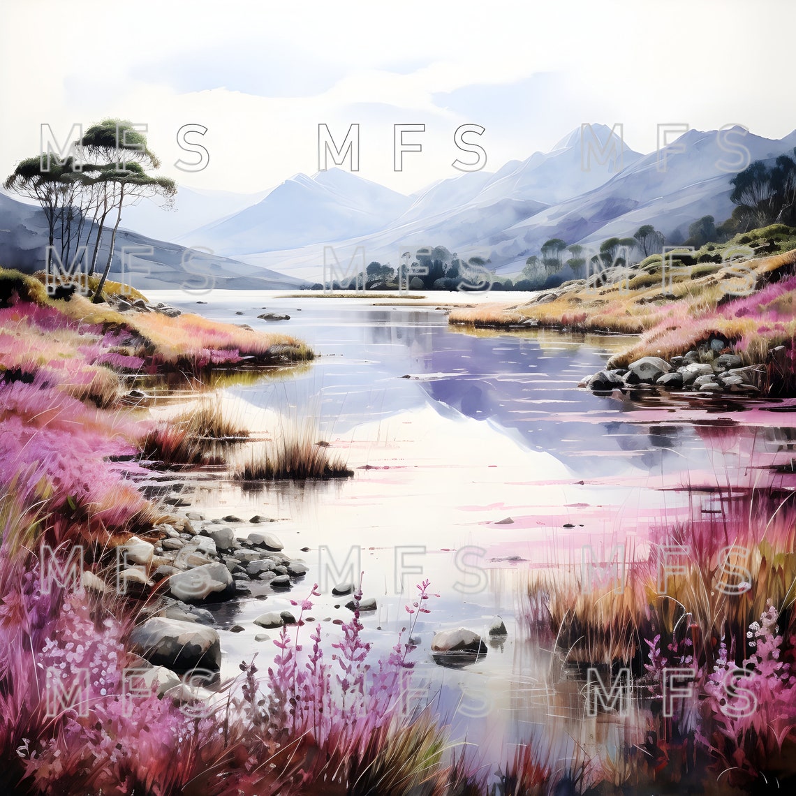 Watercolor Heather Lined Lochs Landscape Clipart, 20 High Quality Jpgs ...
