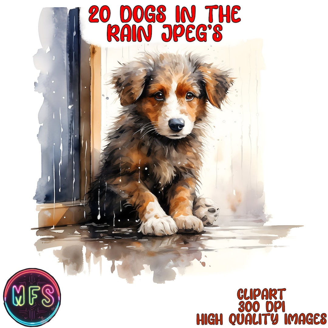 Watercolor Cute Dog in the Rain Clipart, 20 High Quality Jpgs, Instant ...