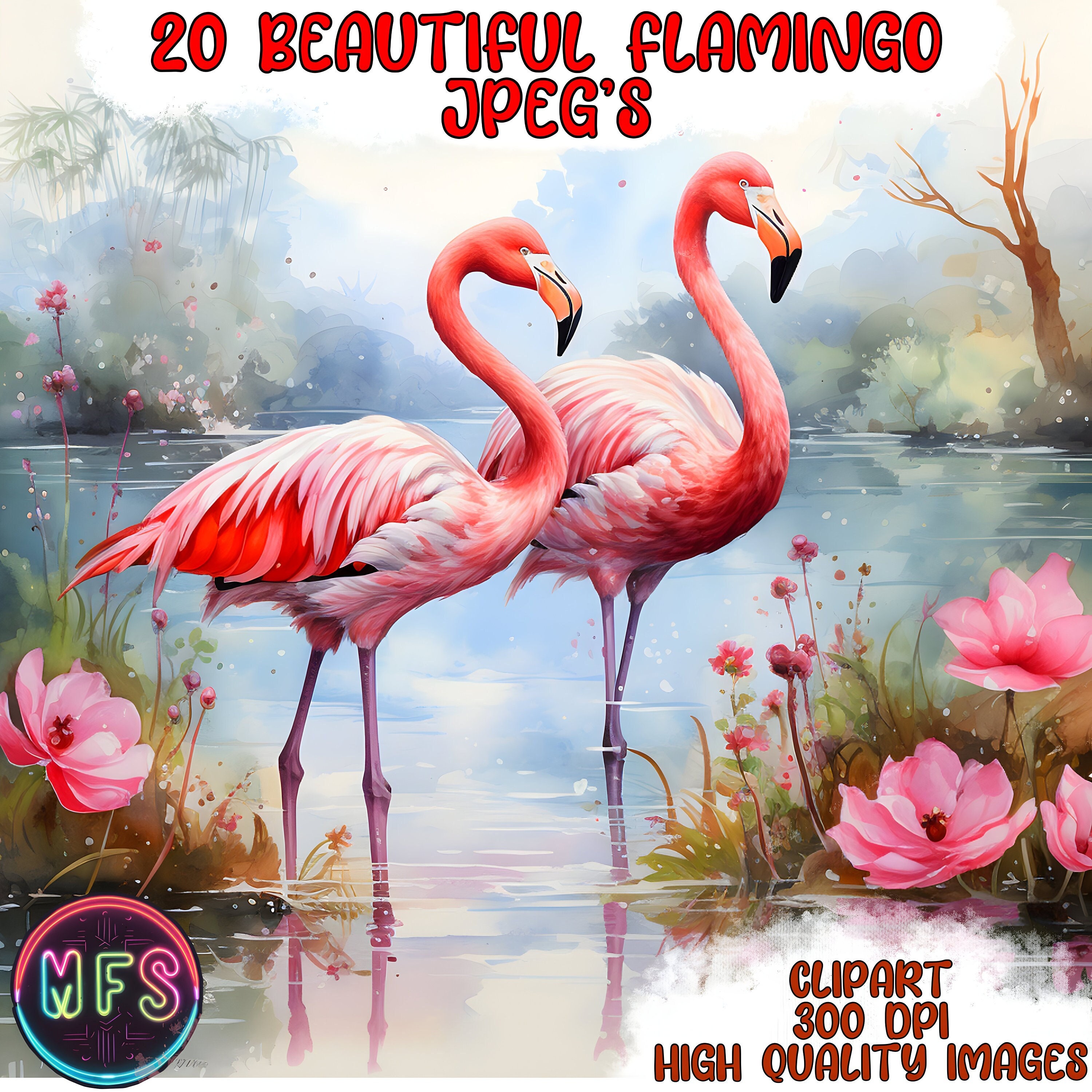 Watercolor Beautiful Flamingo Clipart, 20 High Quality Jpg's Instant ...