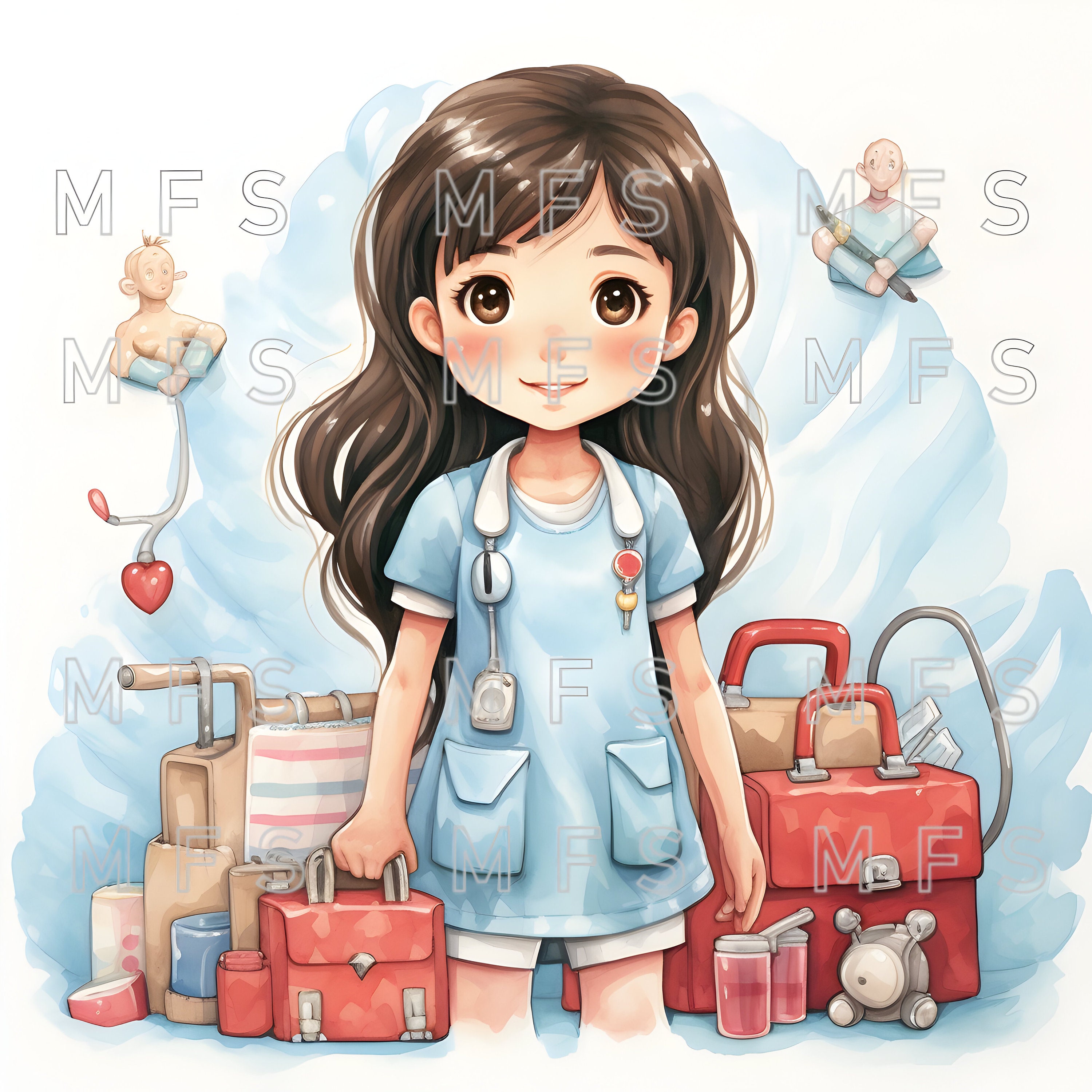 Watercolor Cute Cartoon Nurse Clipart, 20 High Quality Jpgs, Instant ...