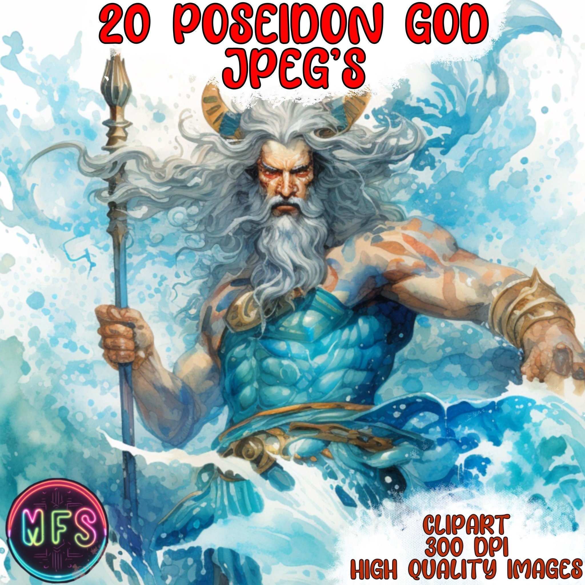 Watercolor God Poseidon Clipart, 20 High Quality Jpgs, Instant Digital ...