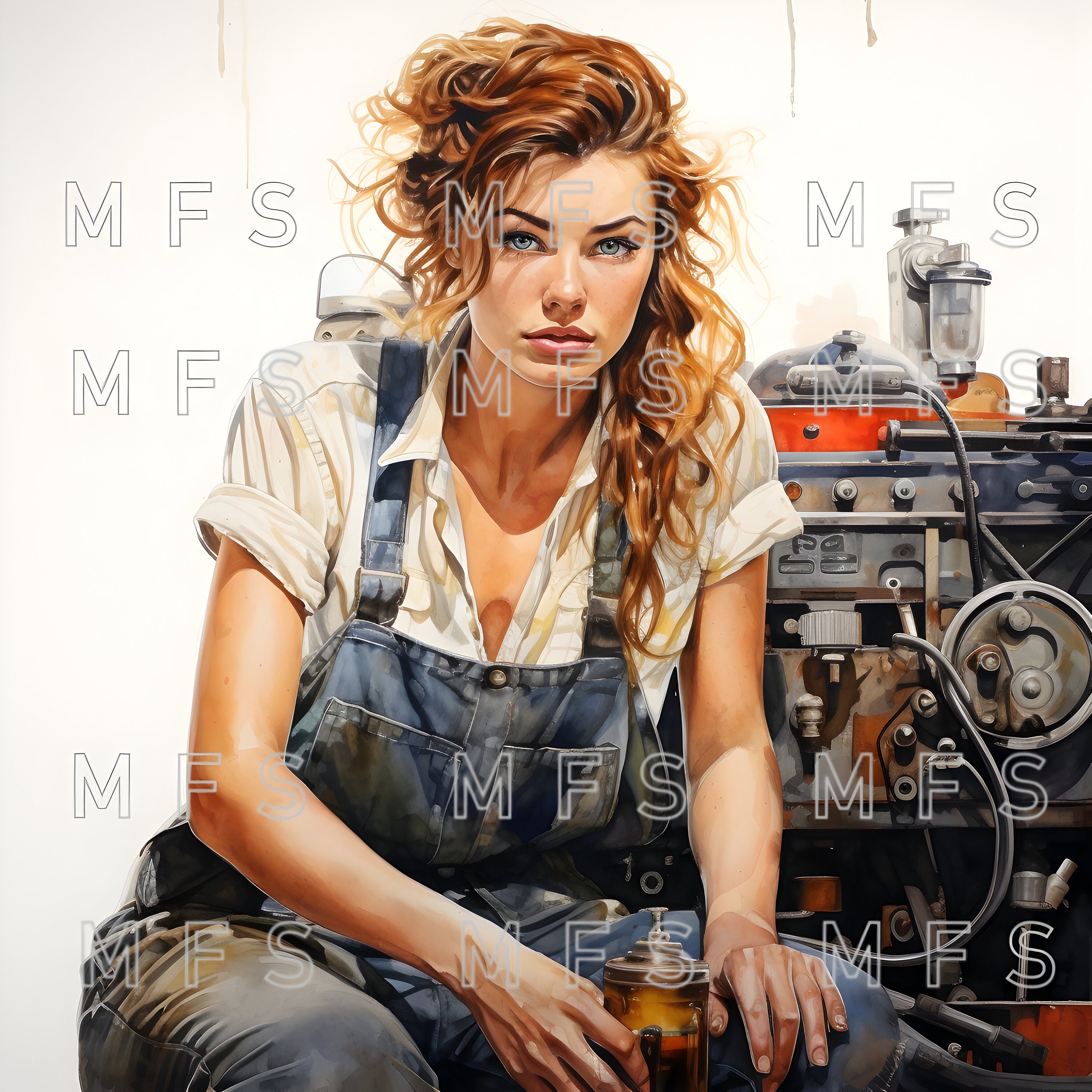Watercolor Vintage Mechanic Girl Clipart , 20 High Quality Jpgs ...