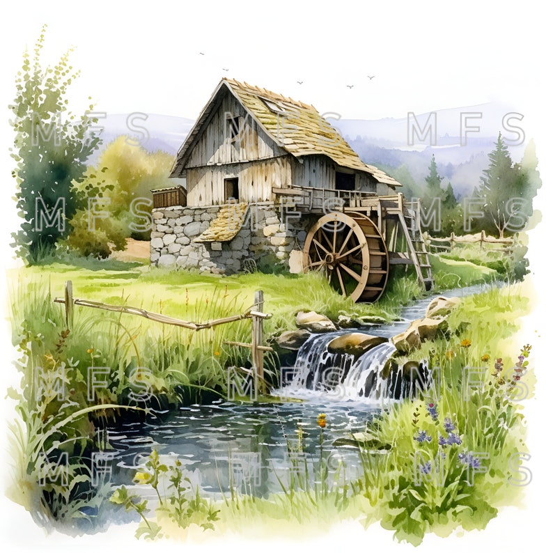 Watercolor Water Mill Clipart 20 High Quality Jpgs Instant - Etsy