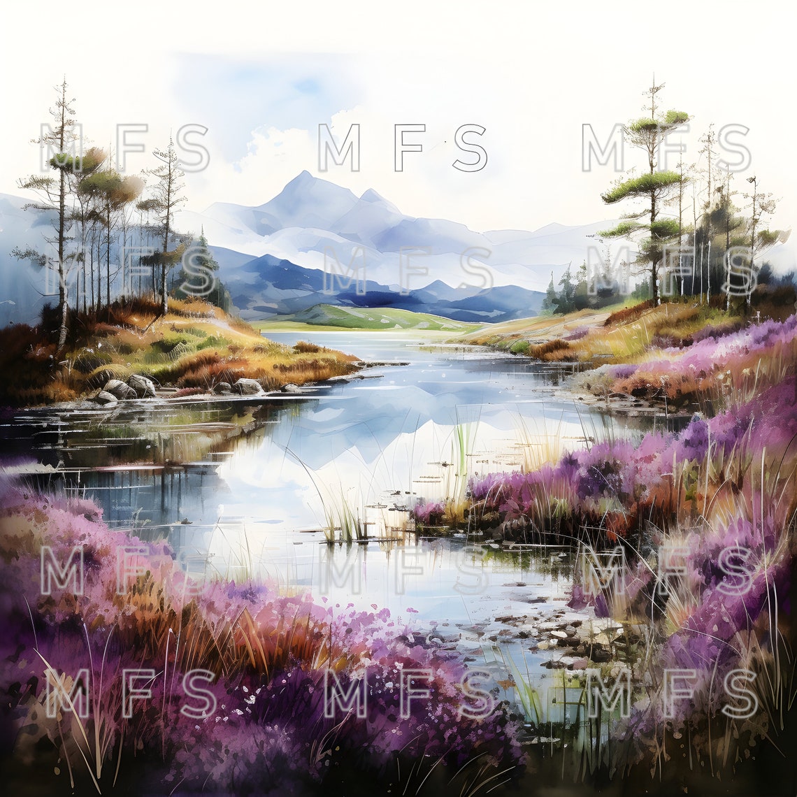 Watercolor Heather Lined Lochs Landscape Clipart, 20 High Quality Jpgs ...