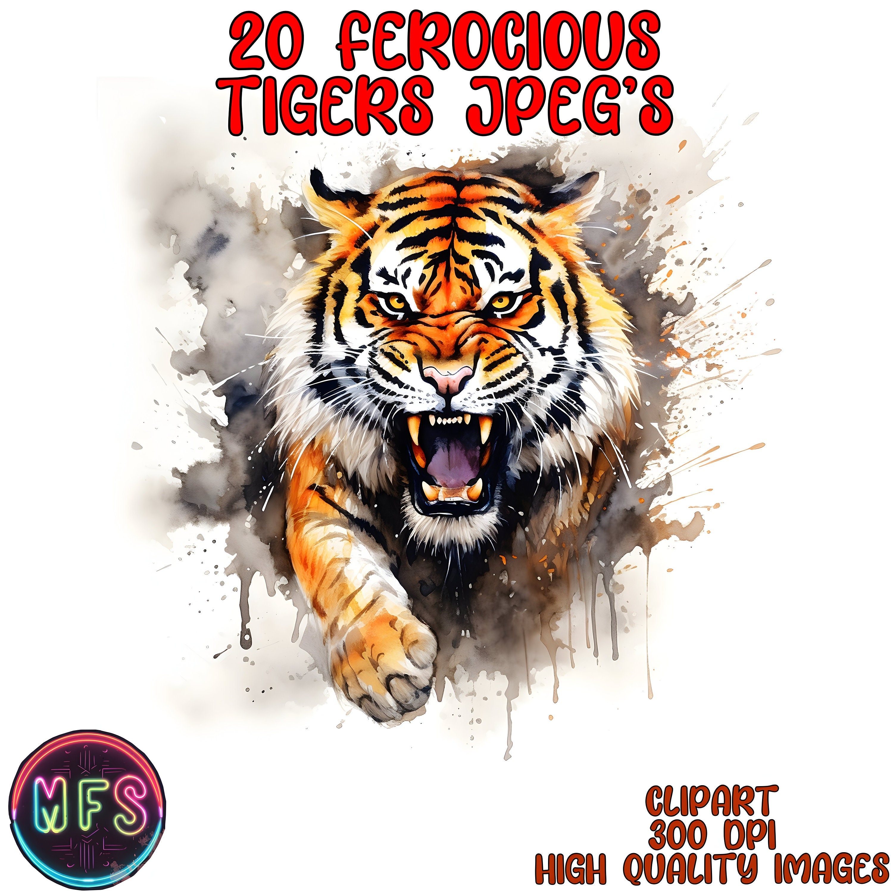 Watercolor Ferocious Tiger Clipart, 20 High Quality Jpgs, Instant ...
