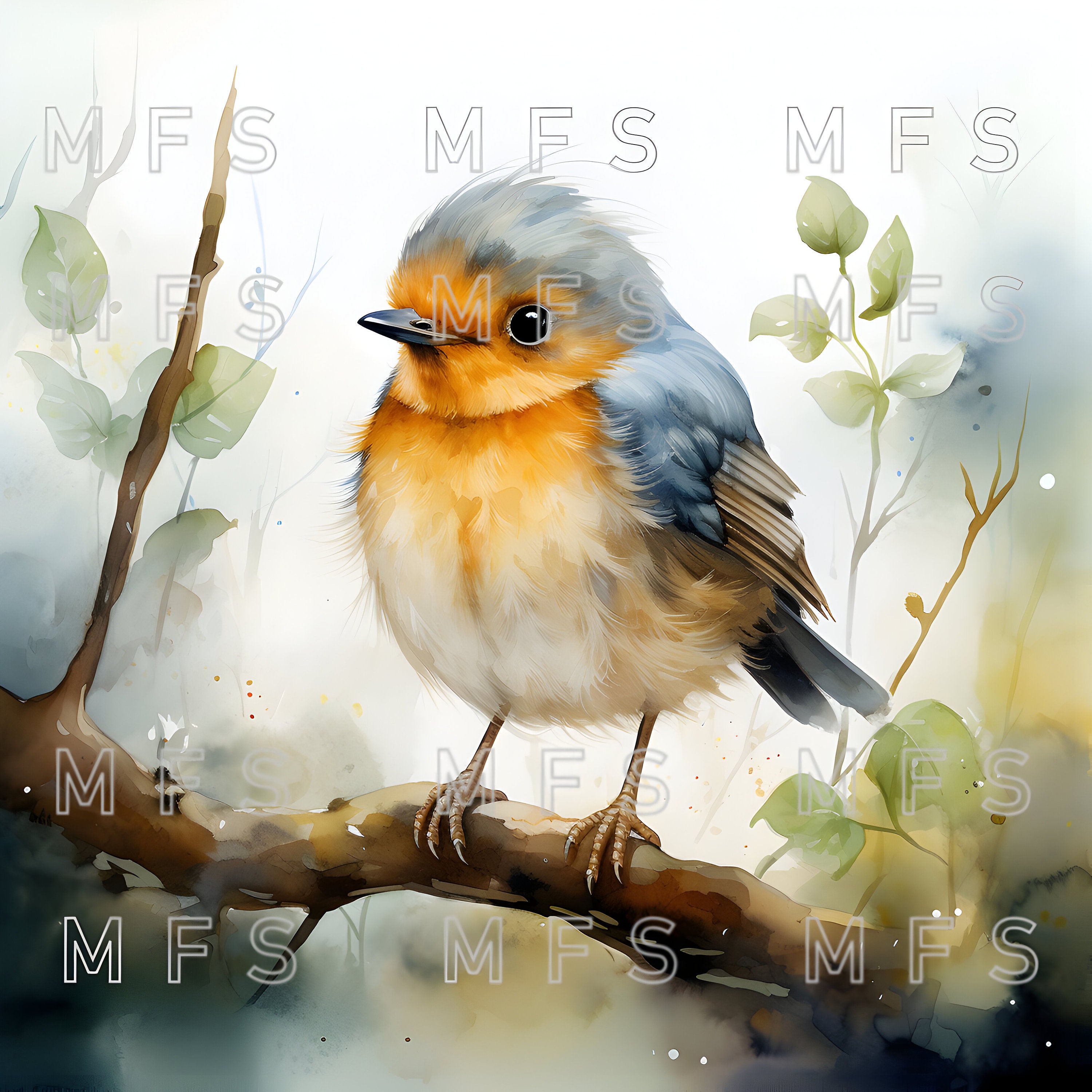 Watercolor Fluffy Baby Robin, 20 High Quality Jpg's Instant Digital ...