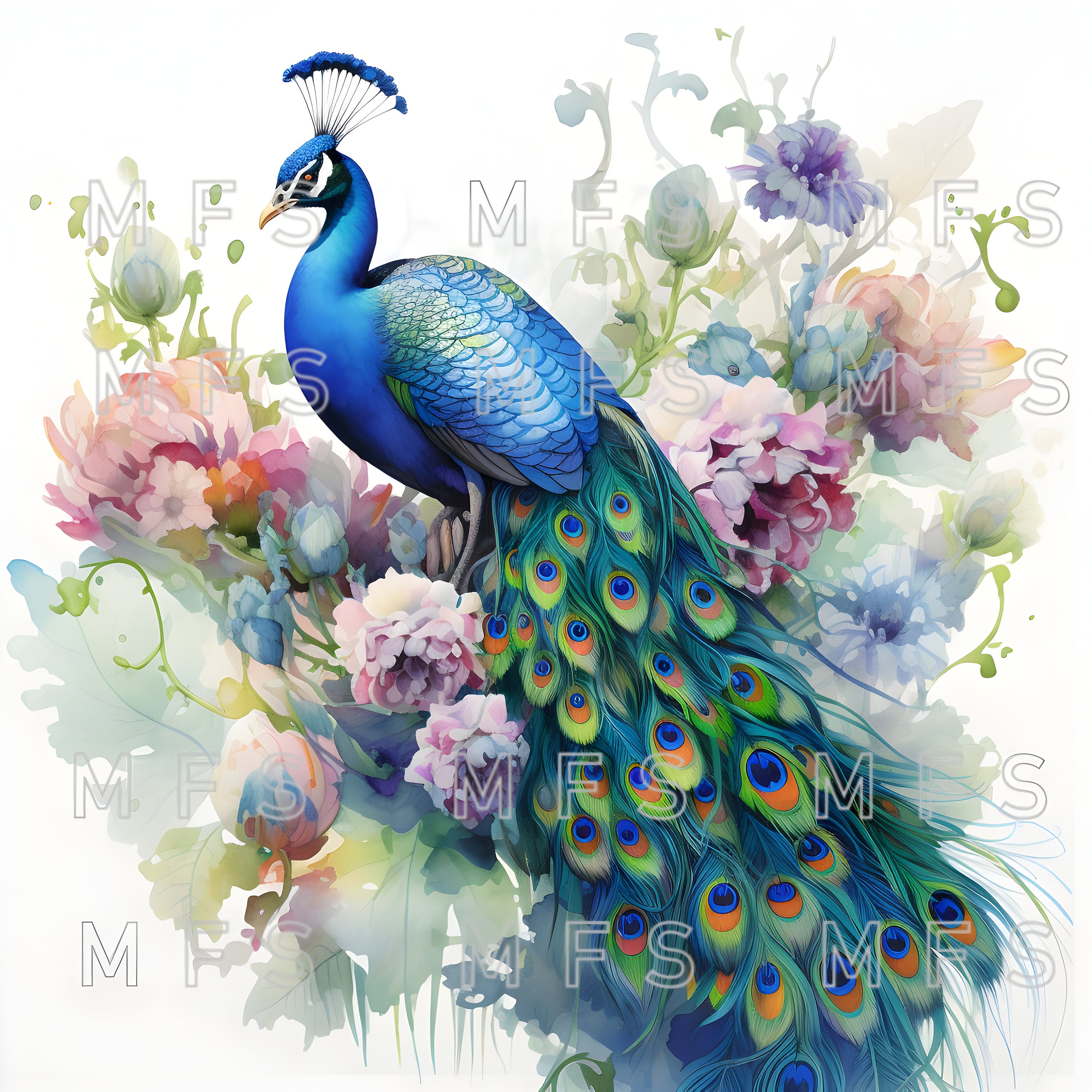 Watercolor Floral Peacock Clipart, 20 High Quality Jpgs, Instant ...