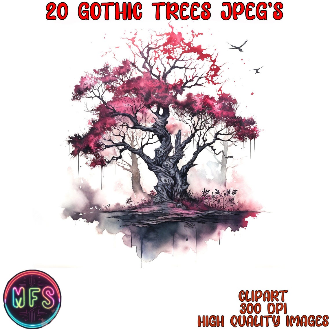 Watercolor Gothic Tree Clipart, 20 High Quality Jpgs, Instant Digital ...
