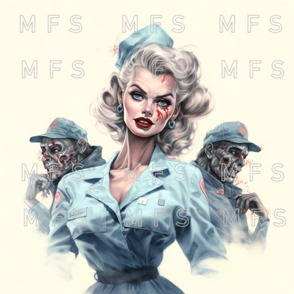 Watercolor 50's Pin up Zombie Nurse Girl Clipart, 20 High Quality Jpgs ...