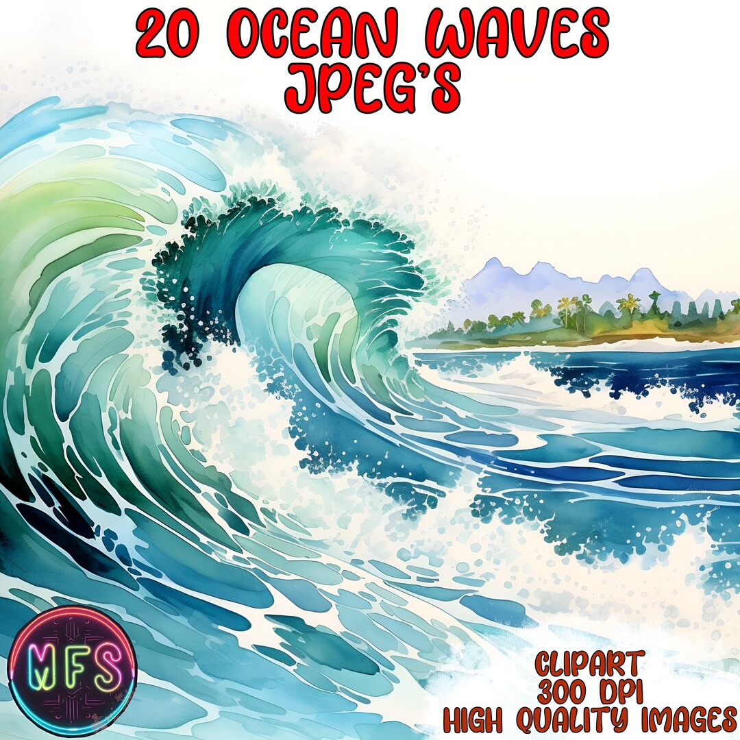 Watercolor Ocean Waves Clipart, 20 High Quality Jpgs, Instant Digital ...