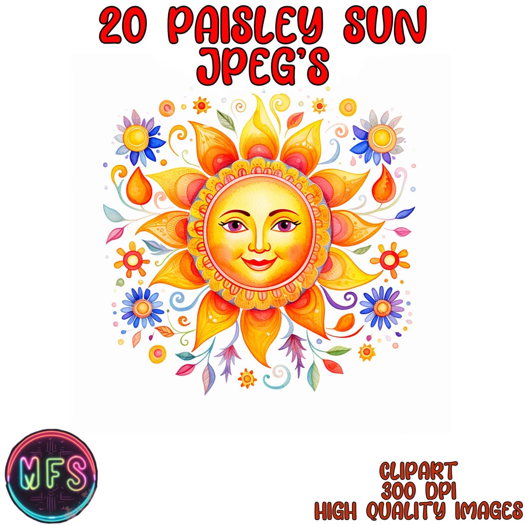 Watercolor Paisley Sun Clipart, 20 High Quality Jpgs, Instant Digital ...