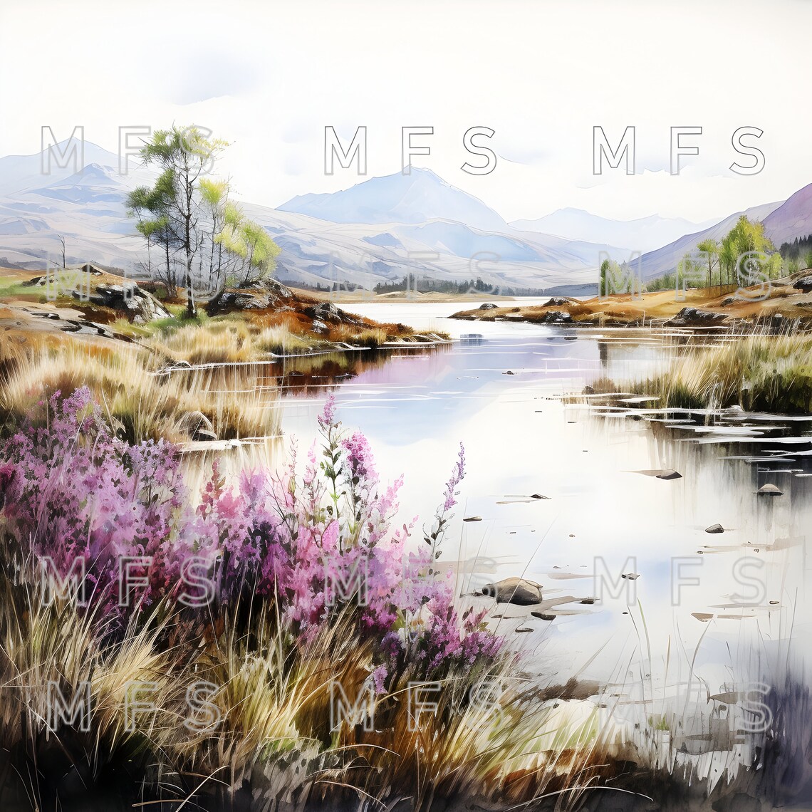 Watercolor Heather Lined Lochs Landscape Clipart, 20 High Quality Jpgs ...