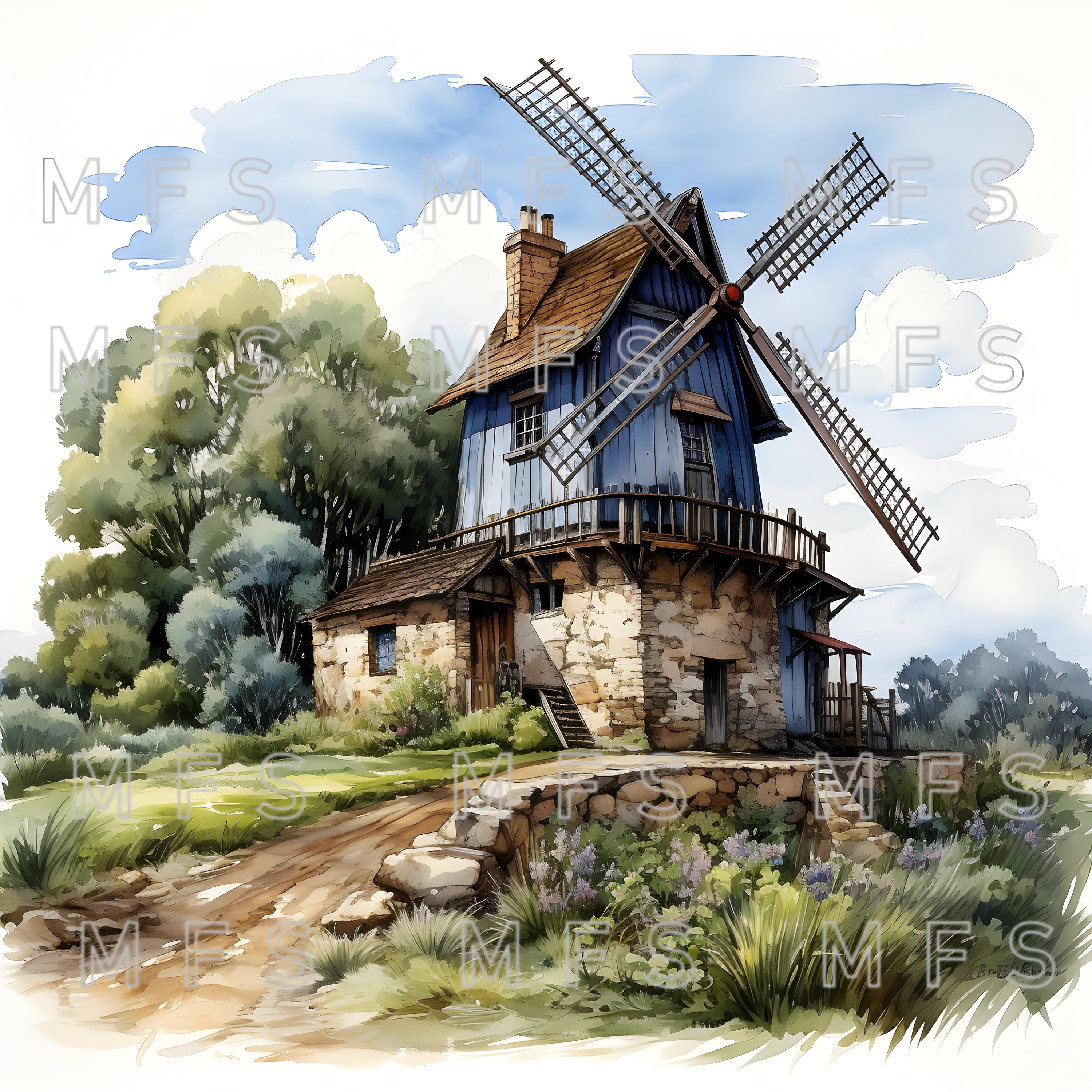 Watercolor Wind Mill Clipart, 20 High Quality Jpgs, Instant Digital ...