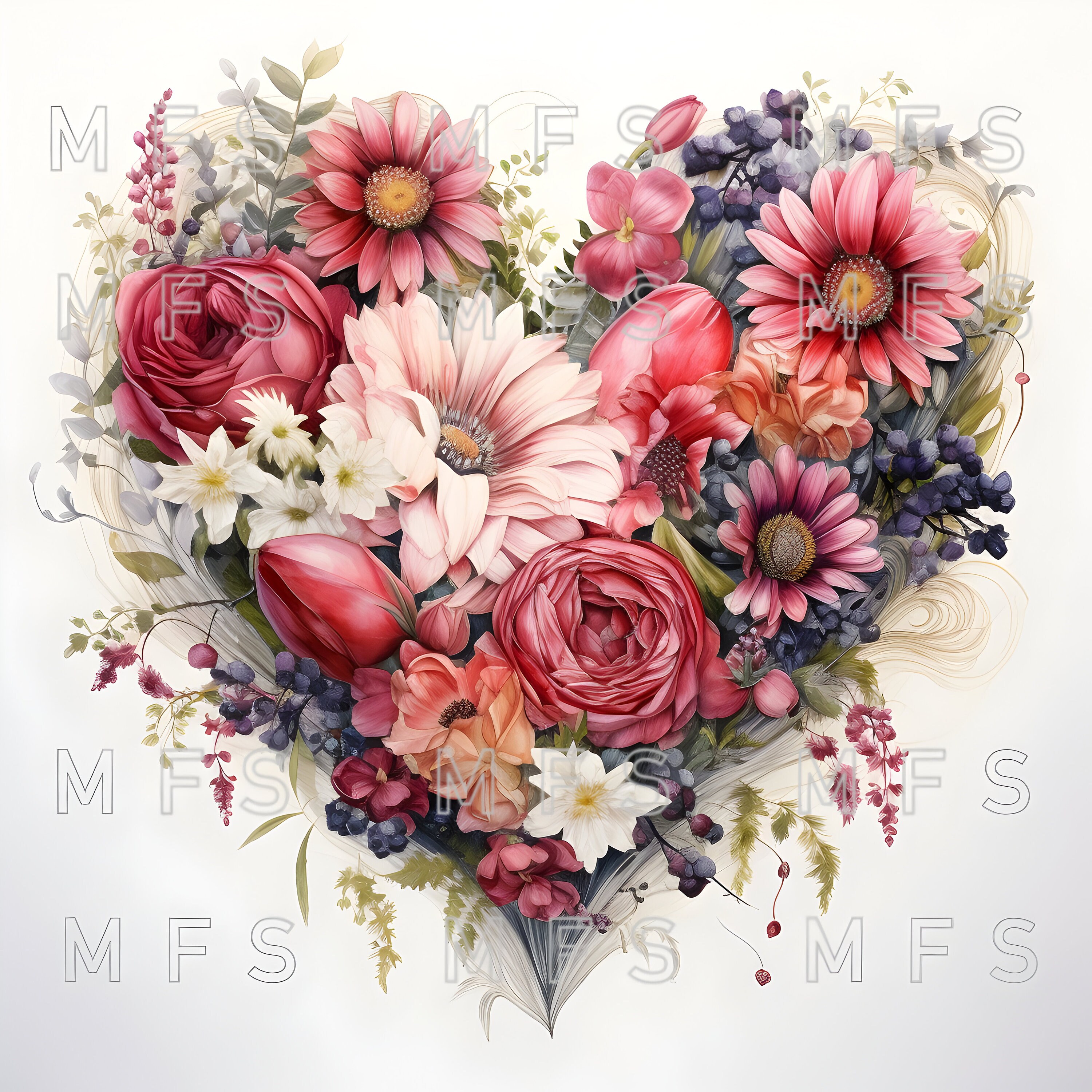 Watercolor Floral Heart Clipart, 20 High Quality Pngs, Instant Digital ...