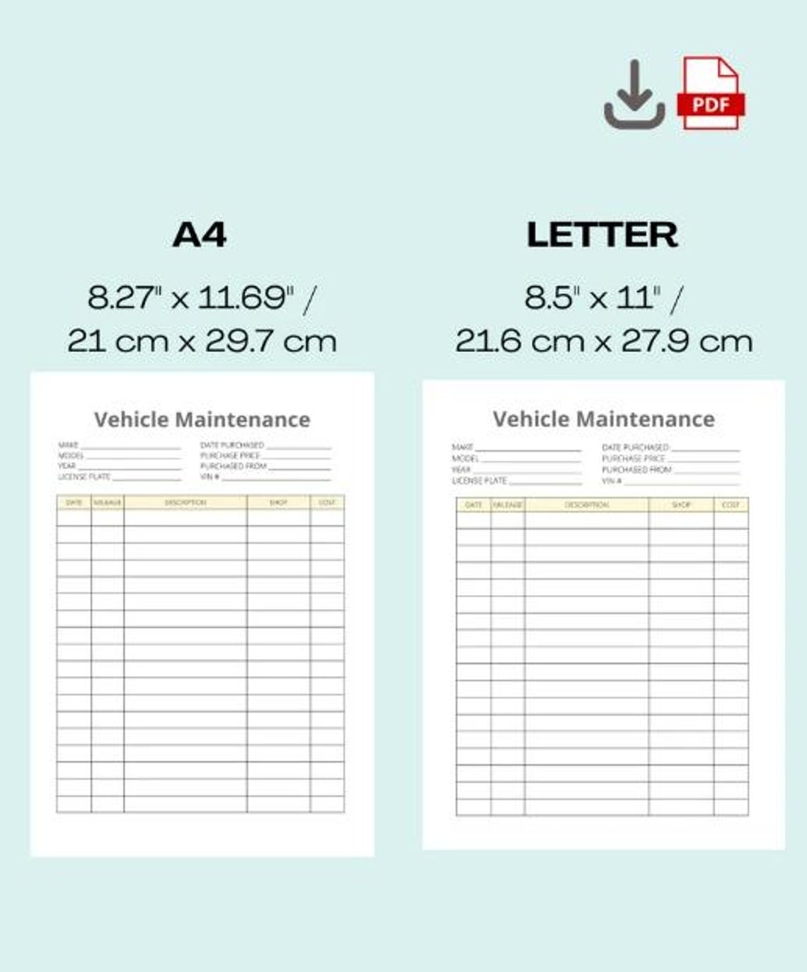 Vehicle Maintenance Log, Vehicle Repairs, Car Repairs Printable Log ...