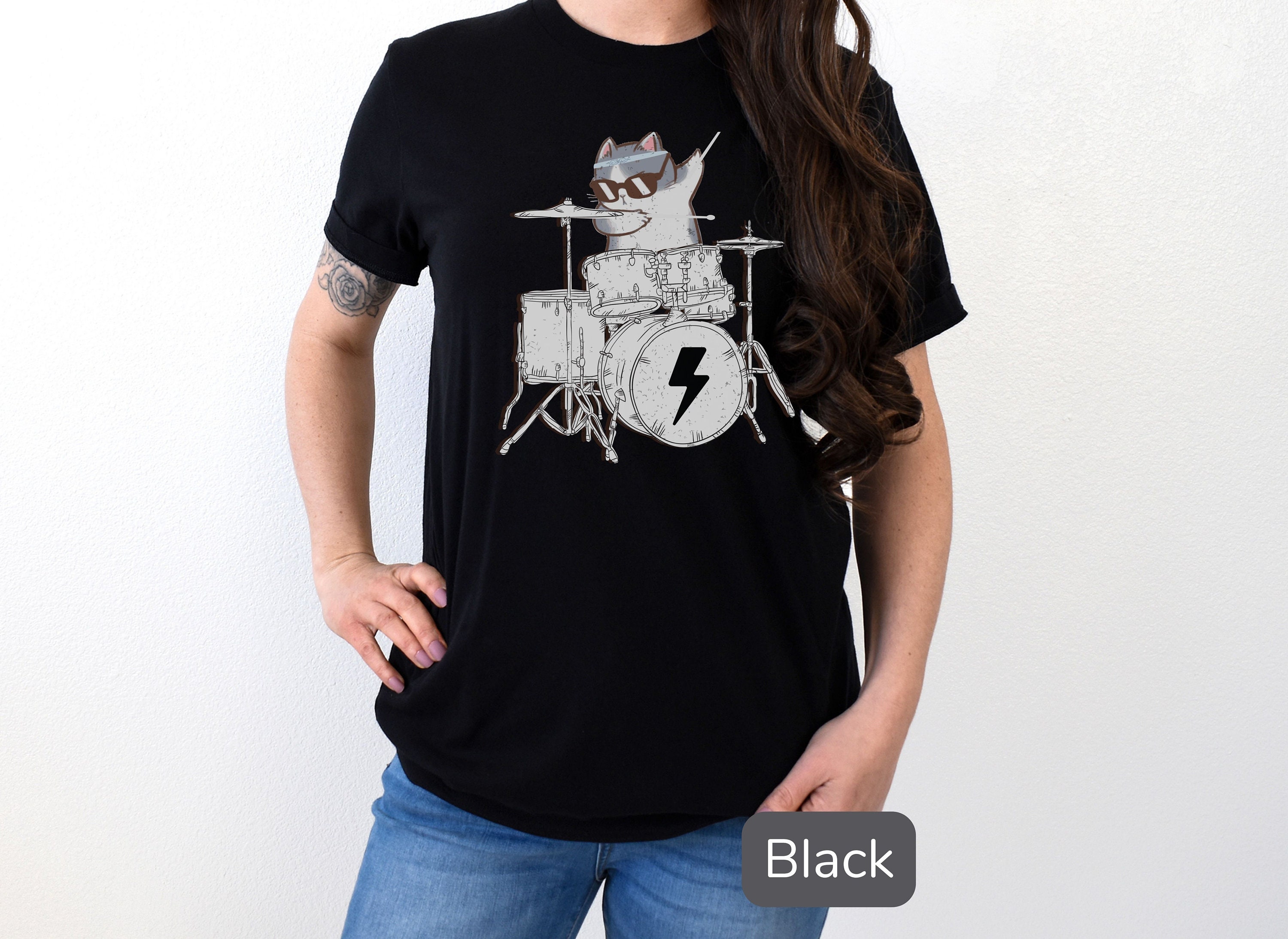 Rockstar Cat Drummer Playing Drums T-shirt, Rockstar Cat Graphic Tee ...