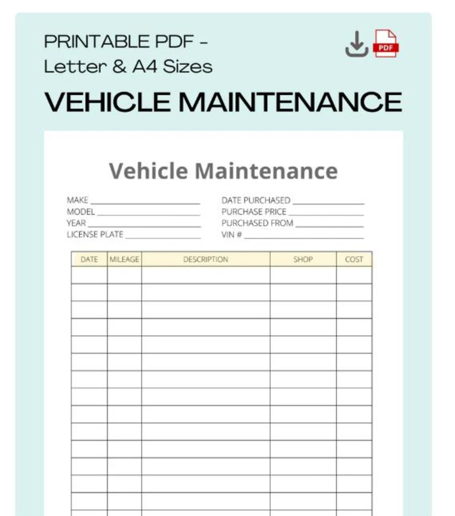 Vehicle Maintenance Log, Vehicle Repairs, Car Repairs Printable Log ...