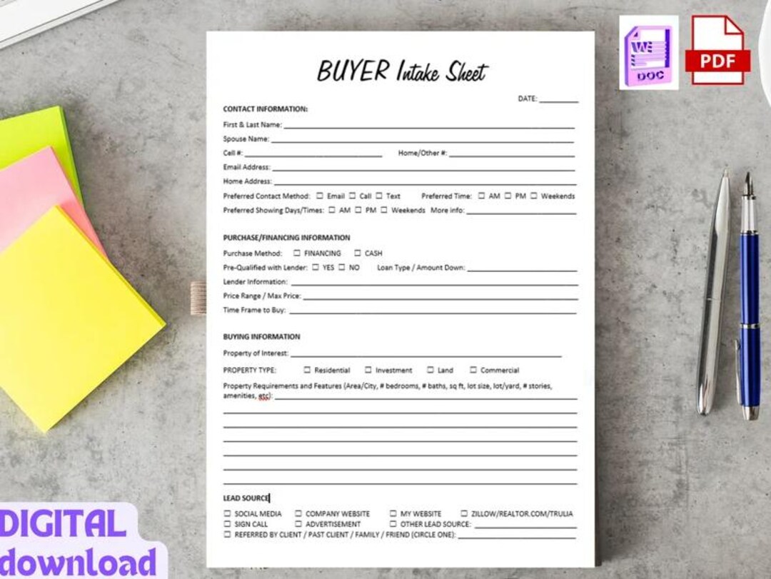 Buyer Intake Sheet, Buyer Questionnaire, Lead Form, Lead Sheet, Real ...