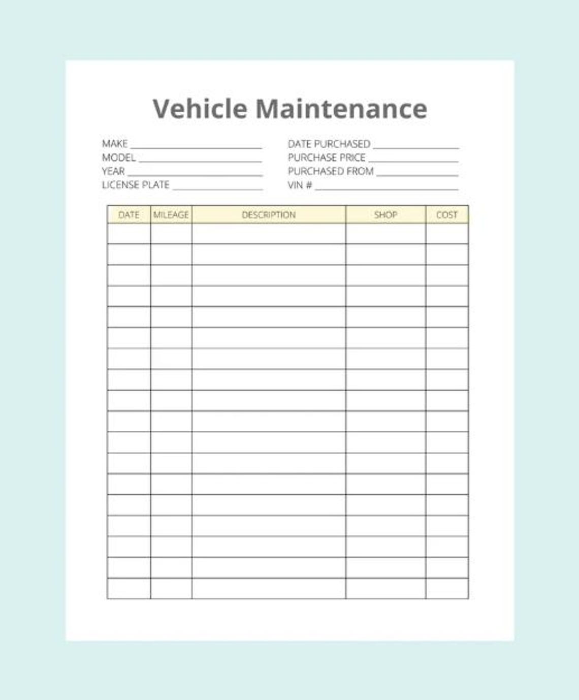 Vehicle Maintenance Log, Vehicle Repairs, Car Repairs Printable Log ...