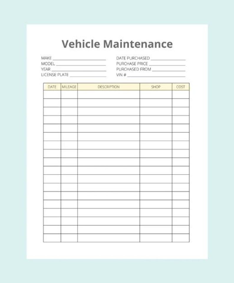 Vehicle Maintenance Log, Vehicle Repairs, Car Repairs Printable Log ...