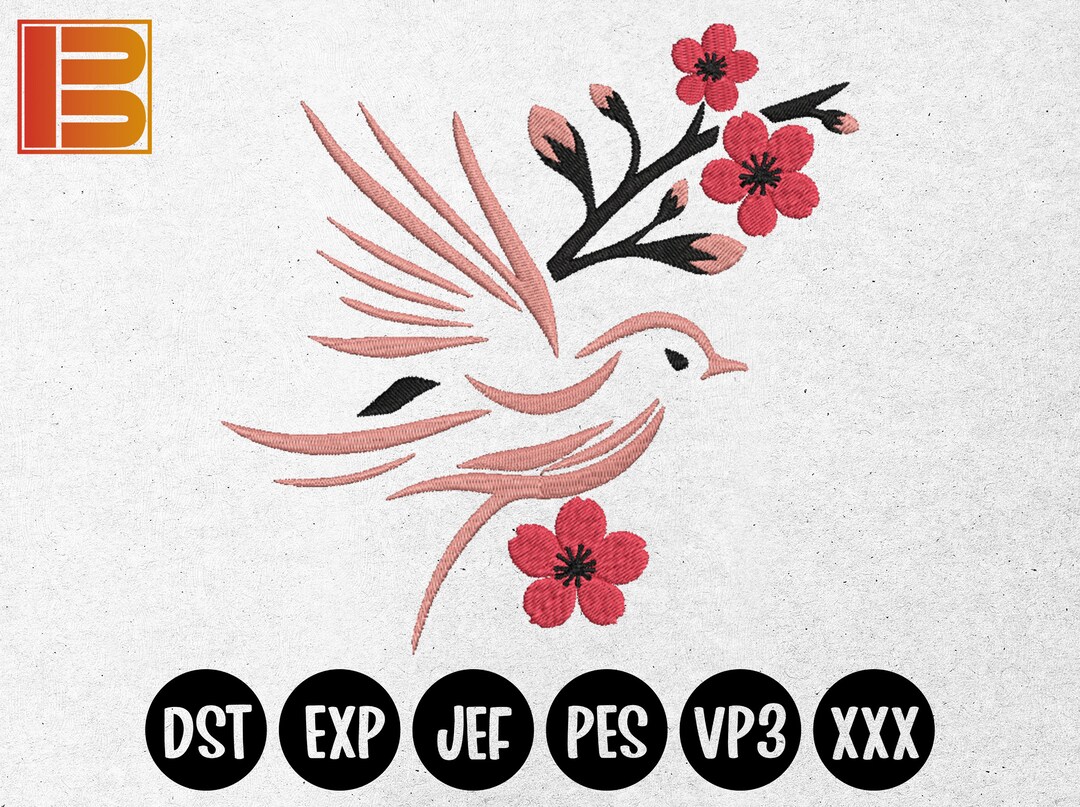 Sakura Flowers and Bird Embroidery Design, Japanese Style Embroidery ...