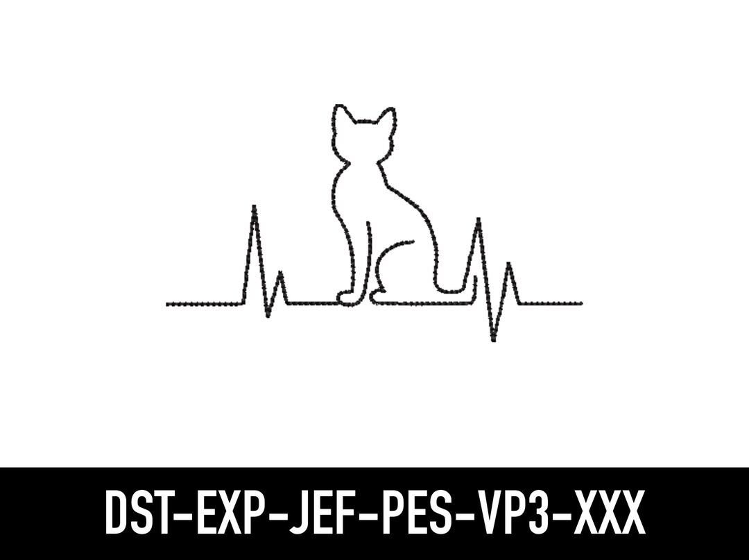 Cat Heartbeat Embroidery Design, Cat Lover Embroidery, Outline ...