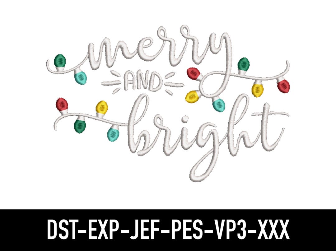 Merry and Bright Embroidery Design - Christmas Lights Pattern, Holiday ...