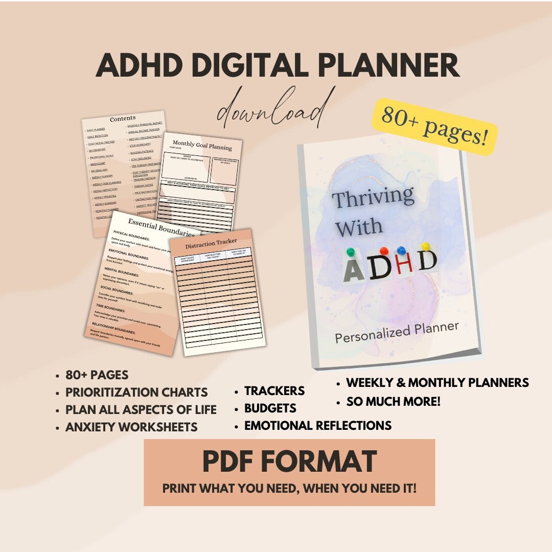 ADHD Digital Planner, Self Help Planner, Organizational Planner ...