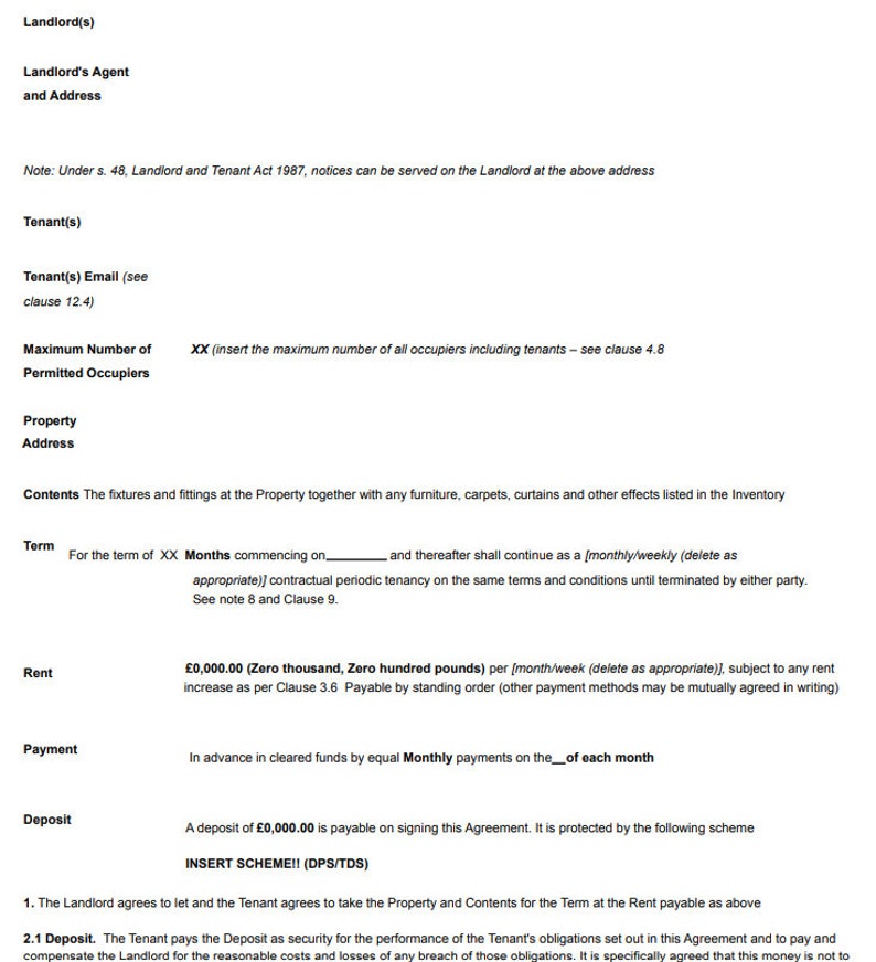 ASSURED SHORTHOLD TENANCY Agreement Template Forms for Landlords Rental ...