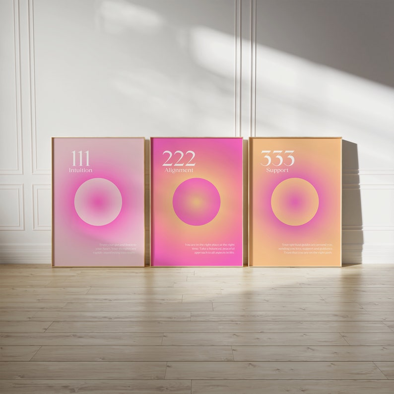 Set of 3 Angel Numbers, 111, 222, 333, Printable Wall Art, Gradient ...