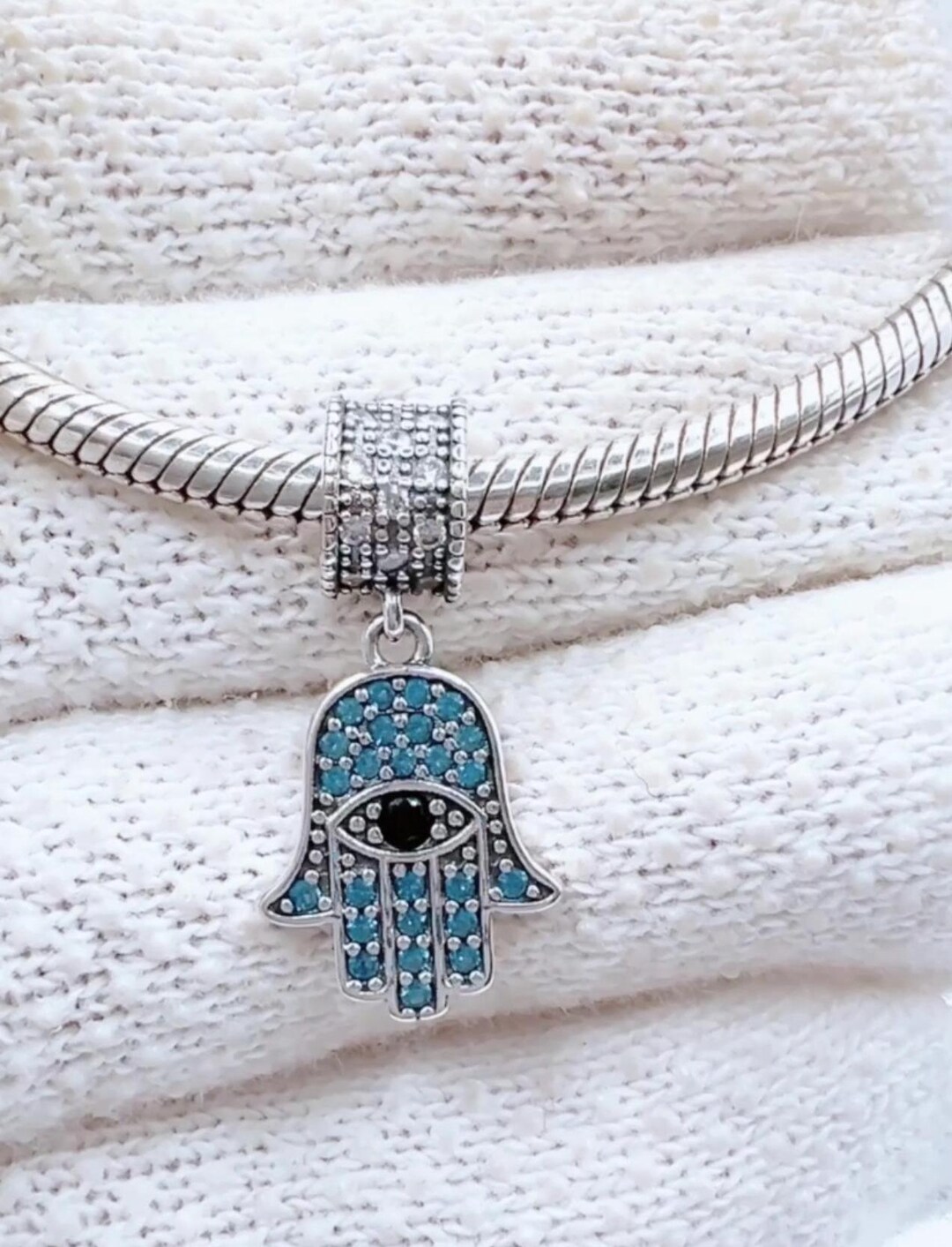 Blue Sparkling Hamsa Hand Dangle Charm, S925 Sterling Silver Charm for ...