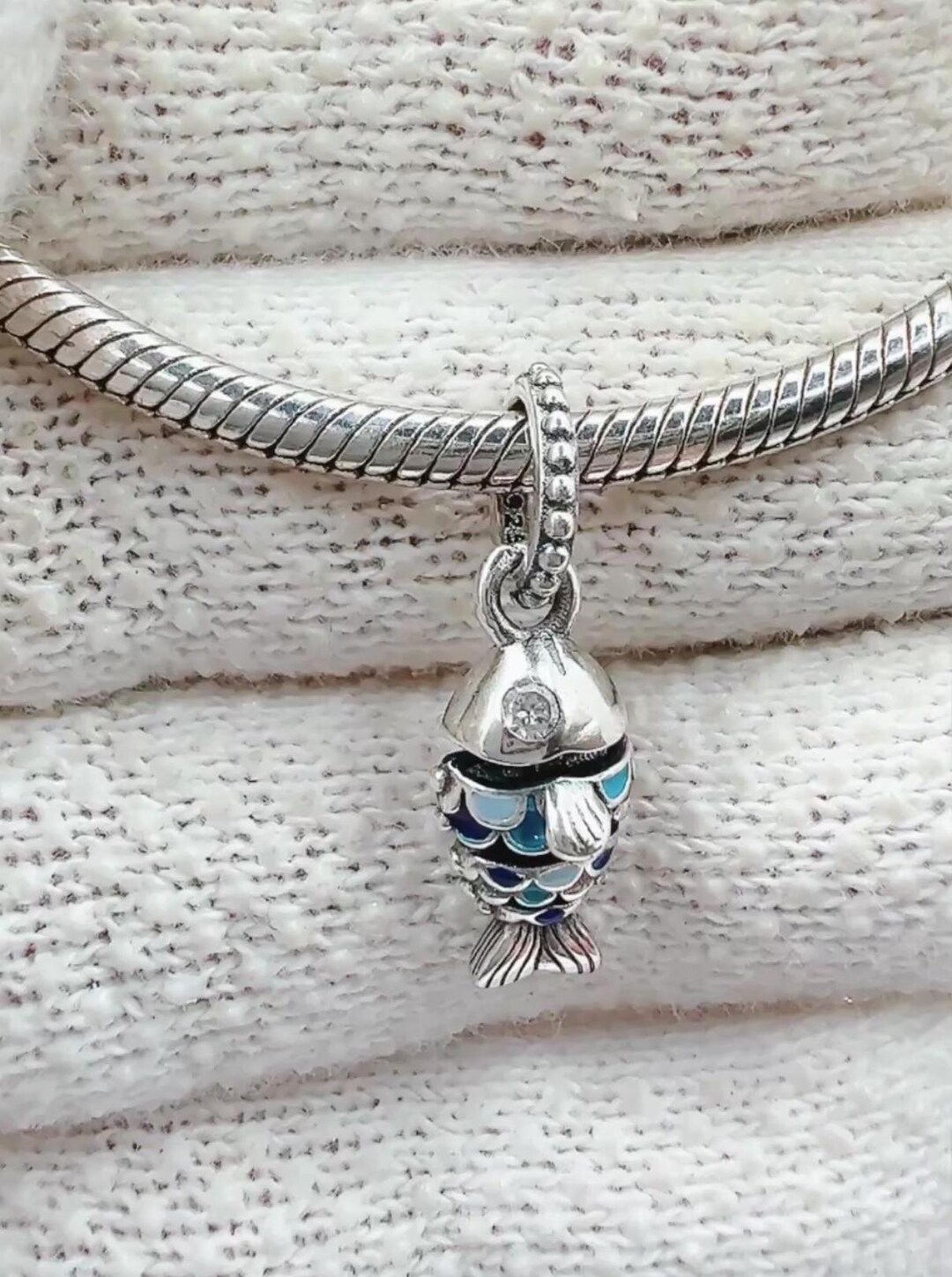 Blue Scaled Fish Dangle Charm, S925 Sterling Silver Charm for Bracelet ...