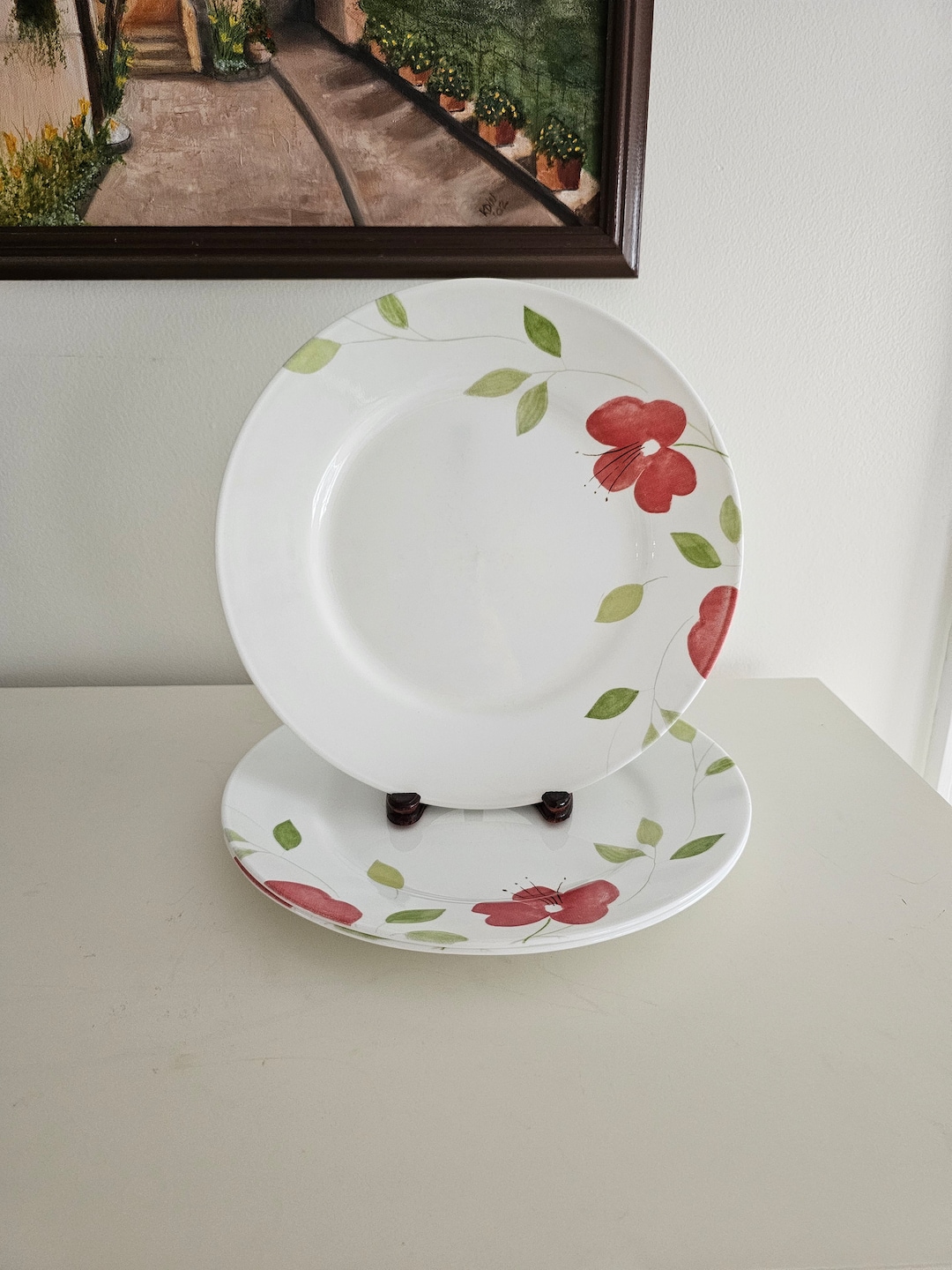 Corelle Vitrelle Garden Paradise SET OF 3 Dinner Plates White Red Green ...