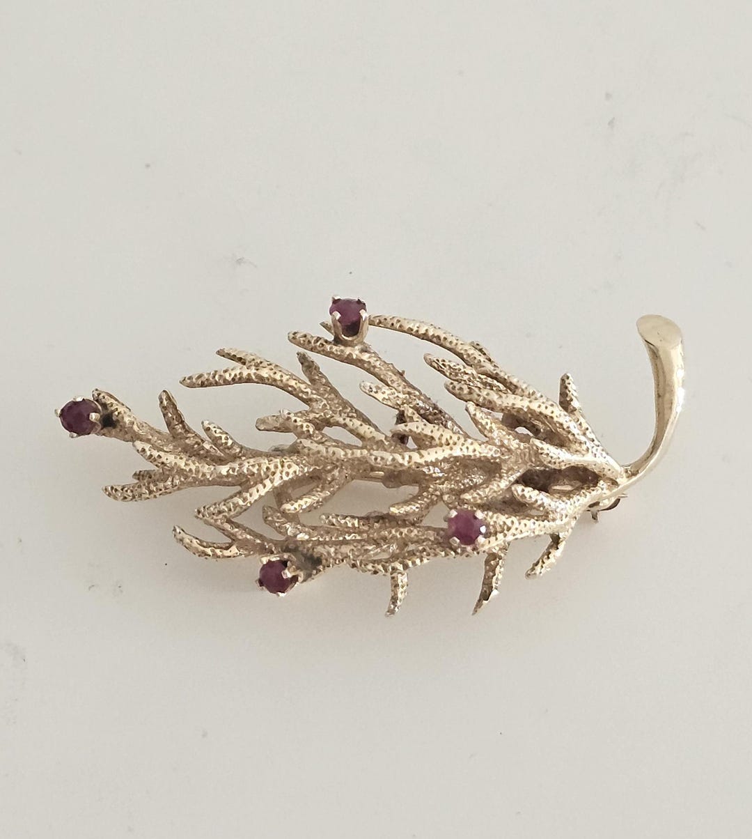 Vintage Karbra 14kt Yellow Gold Ruby Branch Brooch - MCM Estate Jewelry ...