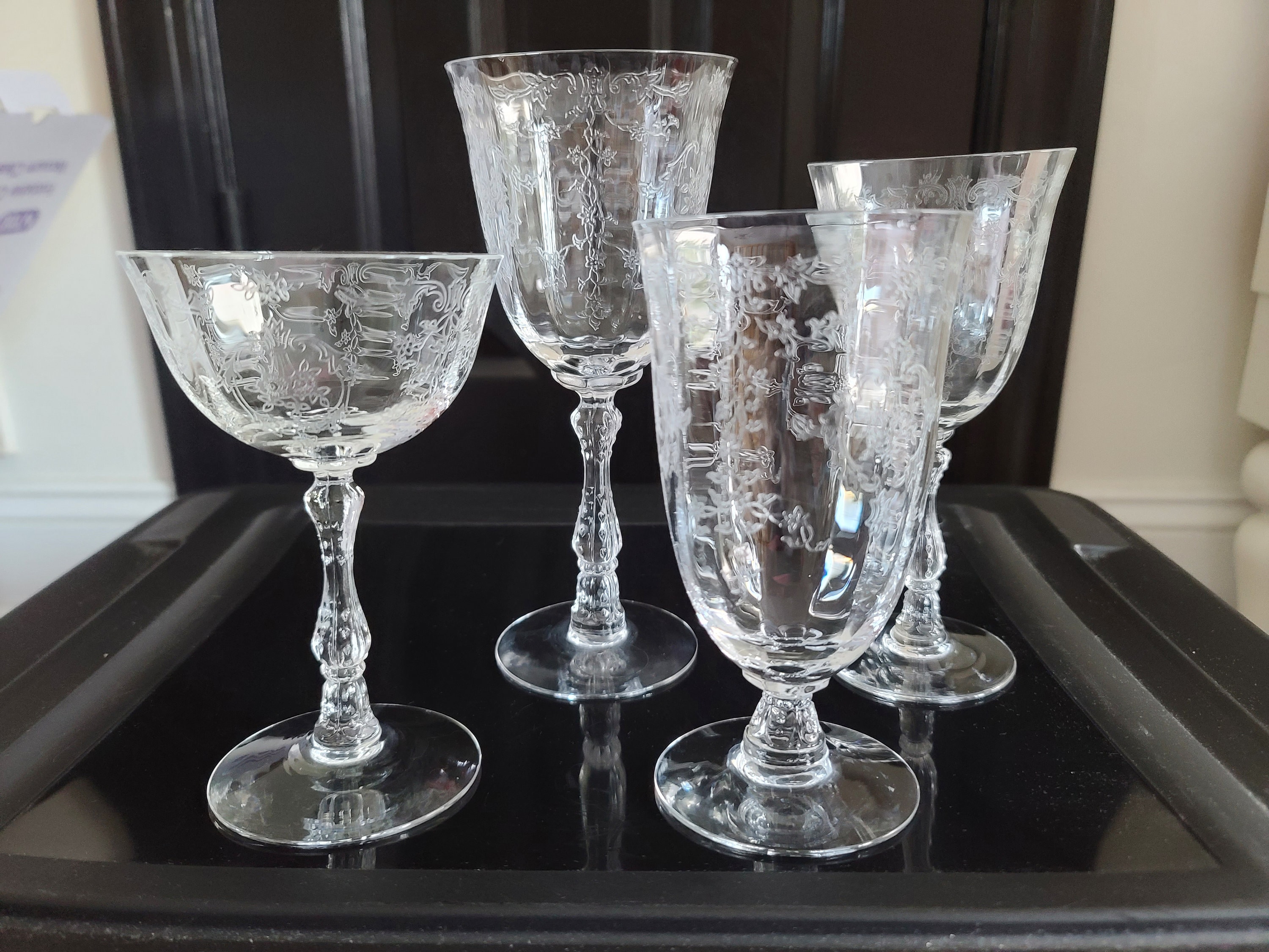 RARE 1940s Fostoria Navarre Etched Stemware Clear 4 Pc Place Setting ...