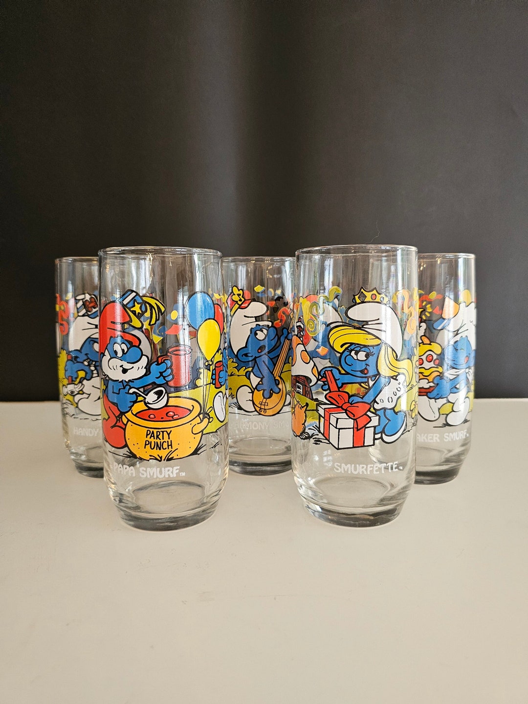 NOS Set of 5 Smurfette's Birthday Surprise Smurf Glasses 1983 Hardee's ...
